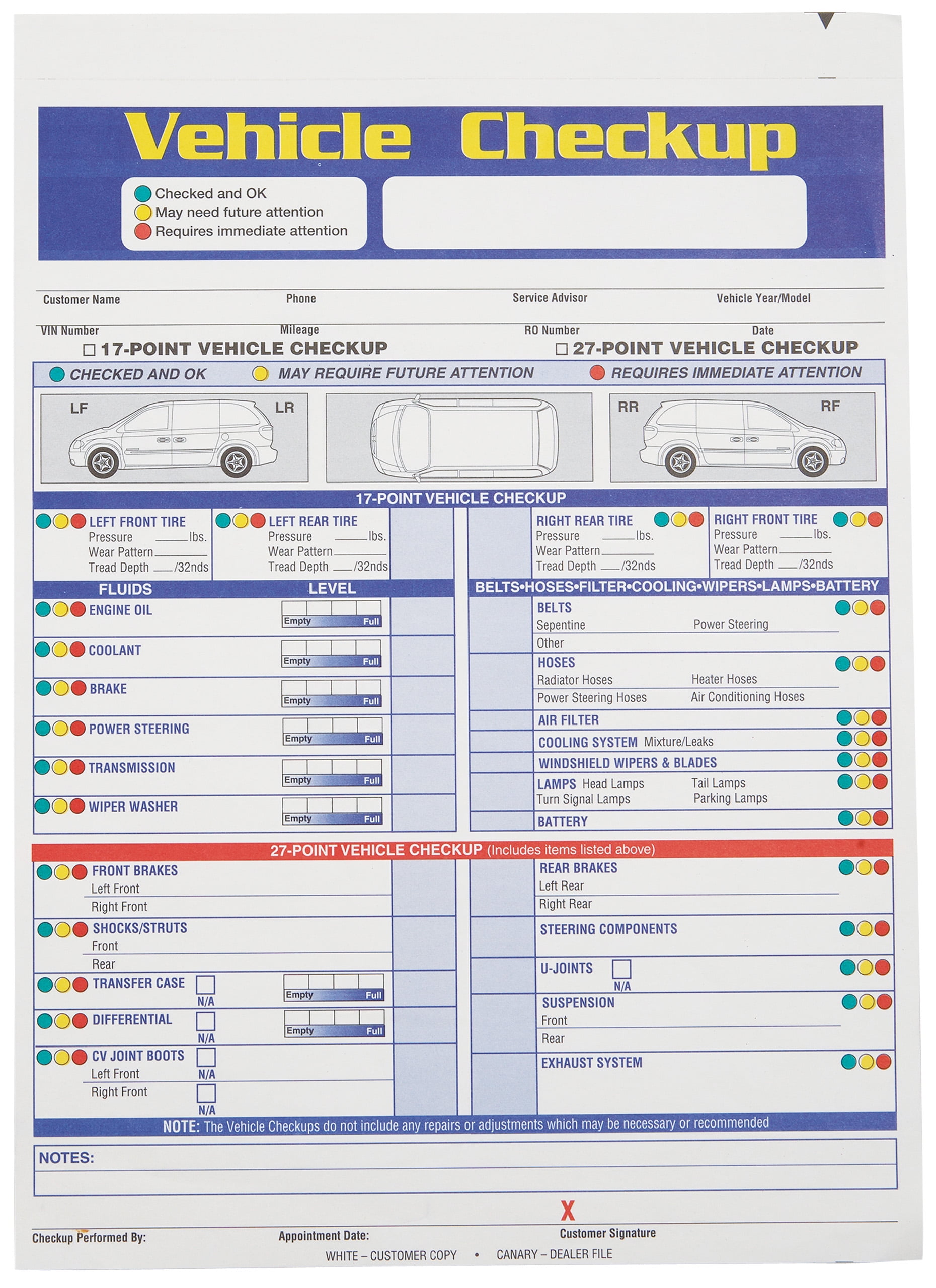 17/27 Point Vehicle Inspection Form - 8 1/2ʺH x 11ʺW - Pack of 100 ...