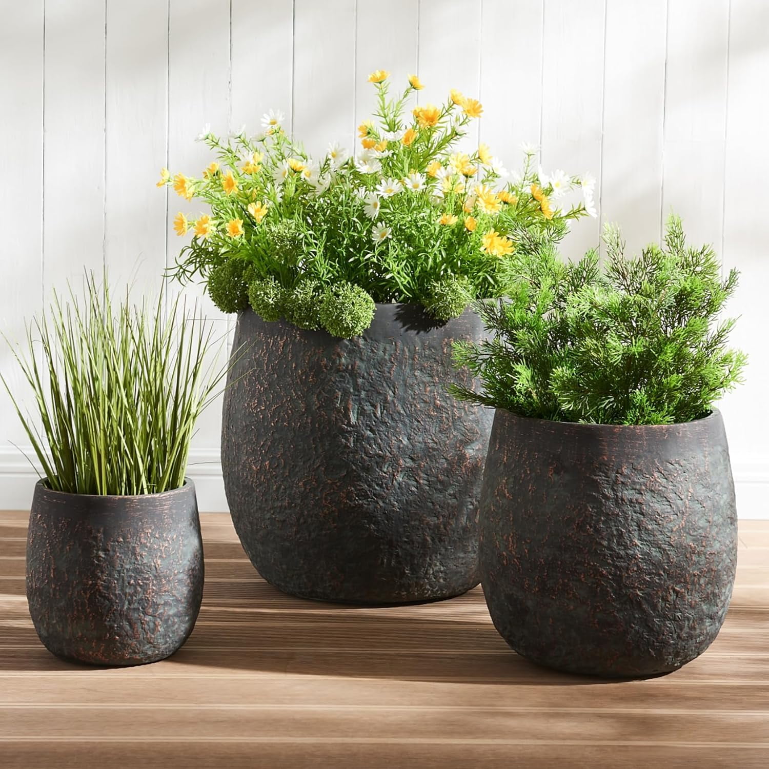 17.3"+12.9"+9.0" Dia Weathered Concrete Flower Pots, Modern Round Style ...