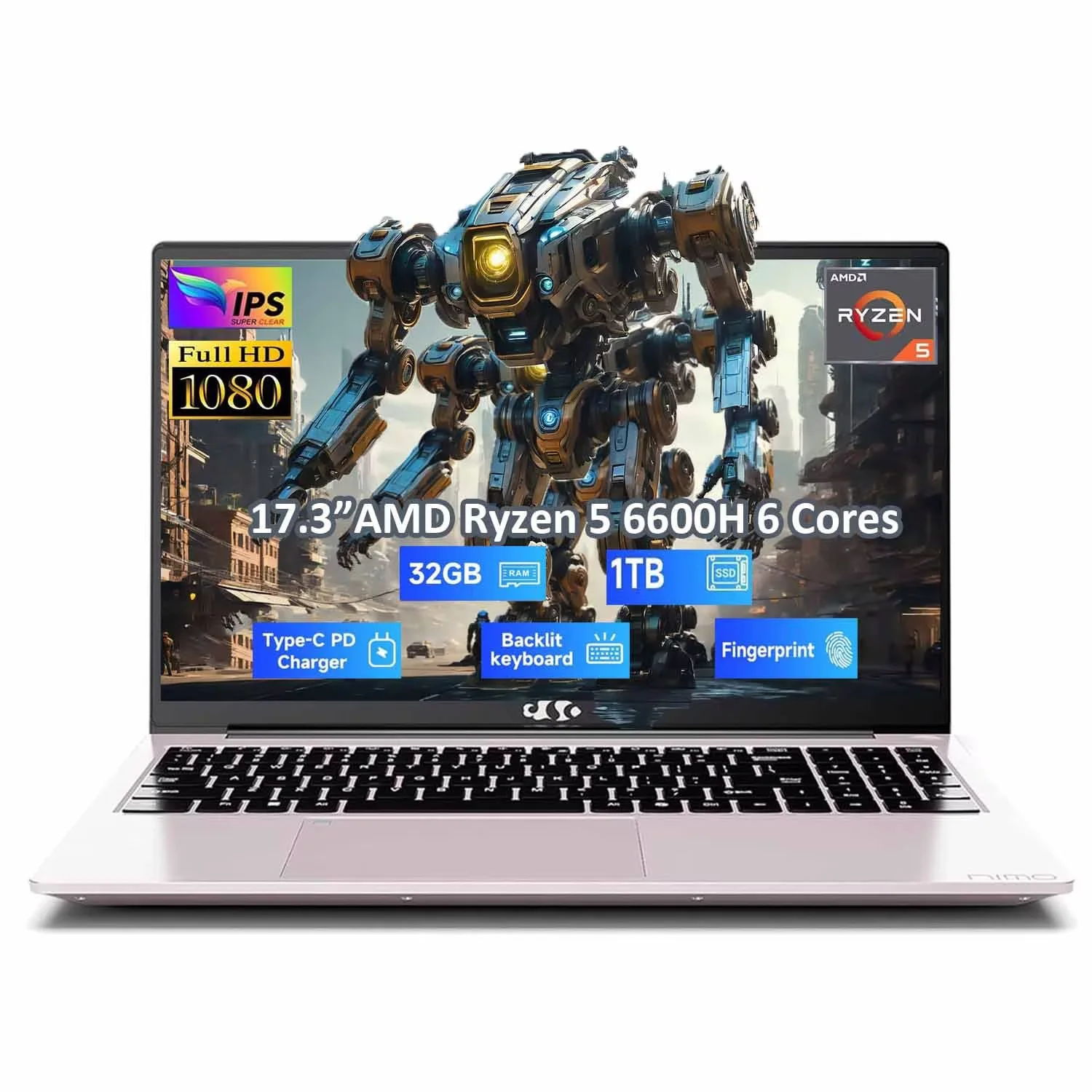 17.3" Gaming Laptop, AMD Ryzen 5 6600H 6 Cores (Beat i7-1165G7, Up to 4 ...