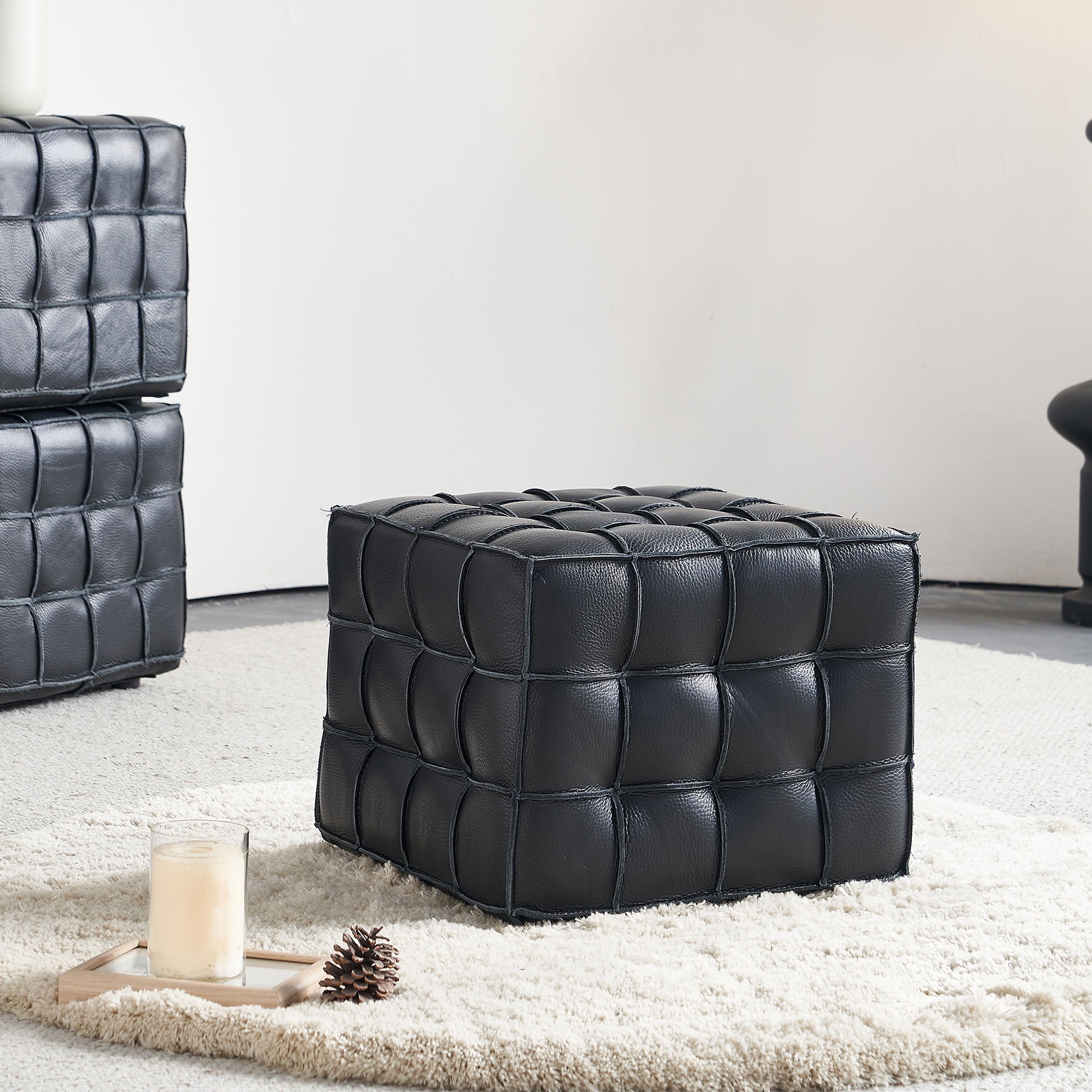 17.32''W Genuine Leather Tufted Ottoman,Footstool for Living Room ...