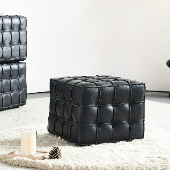 17.32 in Wide Black Solid Pattern Tufted Genuine Leather Footstool ...