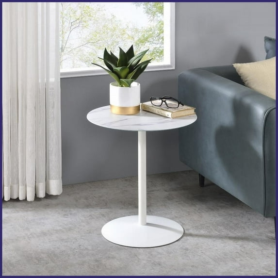 17.5” Compact Coffee Table with White Marble Textured Top, Sturdy Steel ...