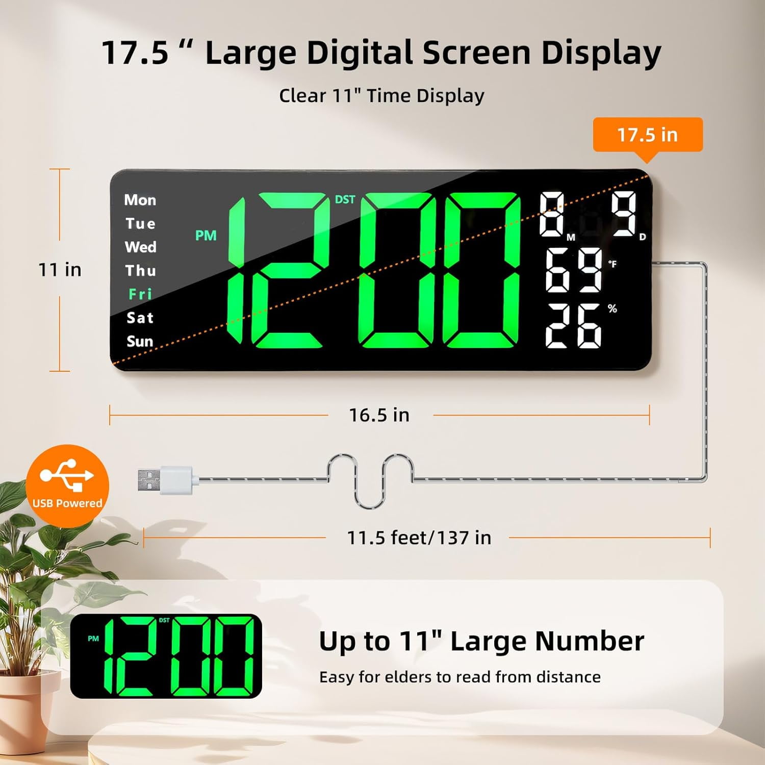 17.5" Digital Wall Clock, LED Display with Time, Date, Month ...