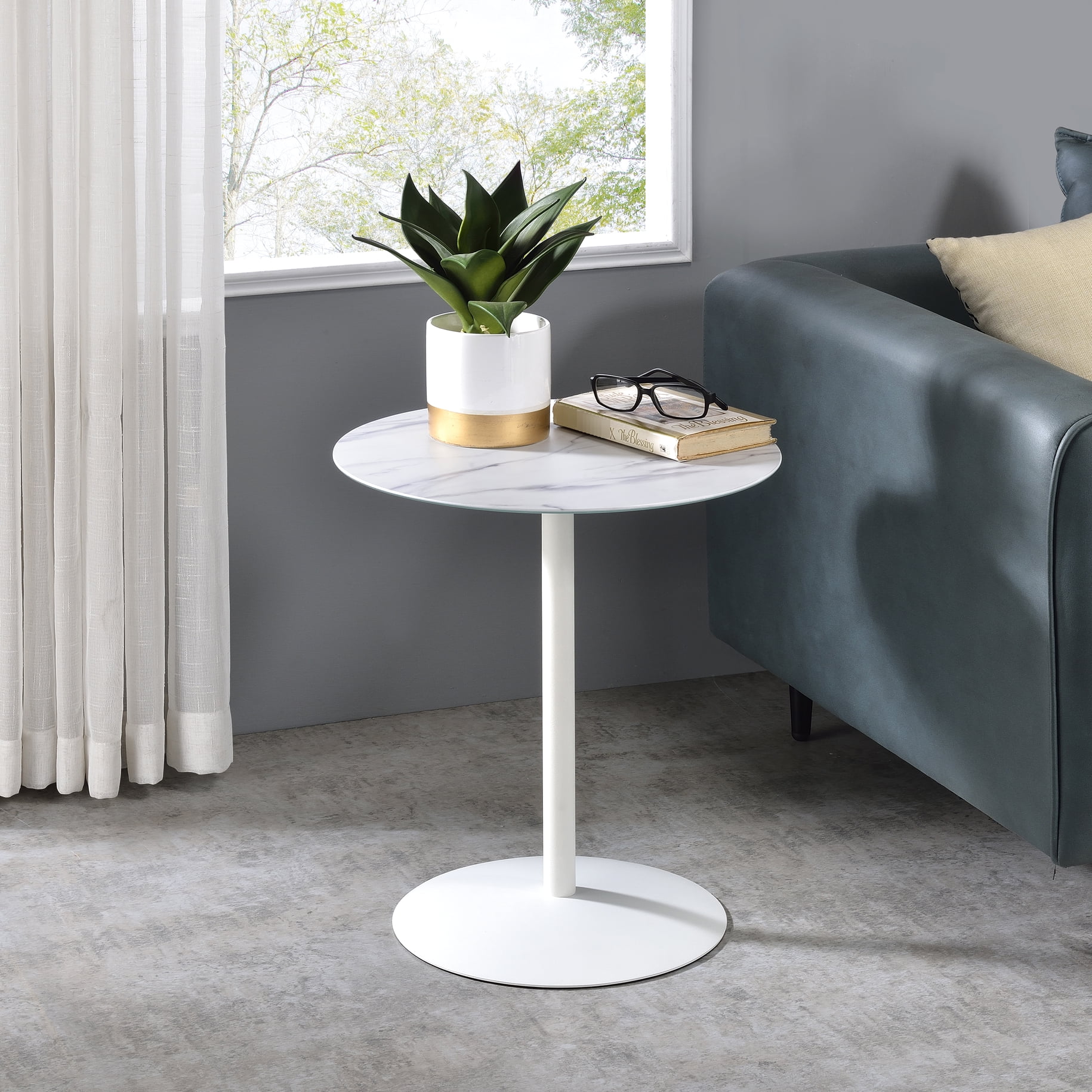 17.5" End Table With White Marble Textured Glass Tabletop And Steel ...