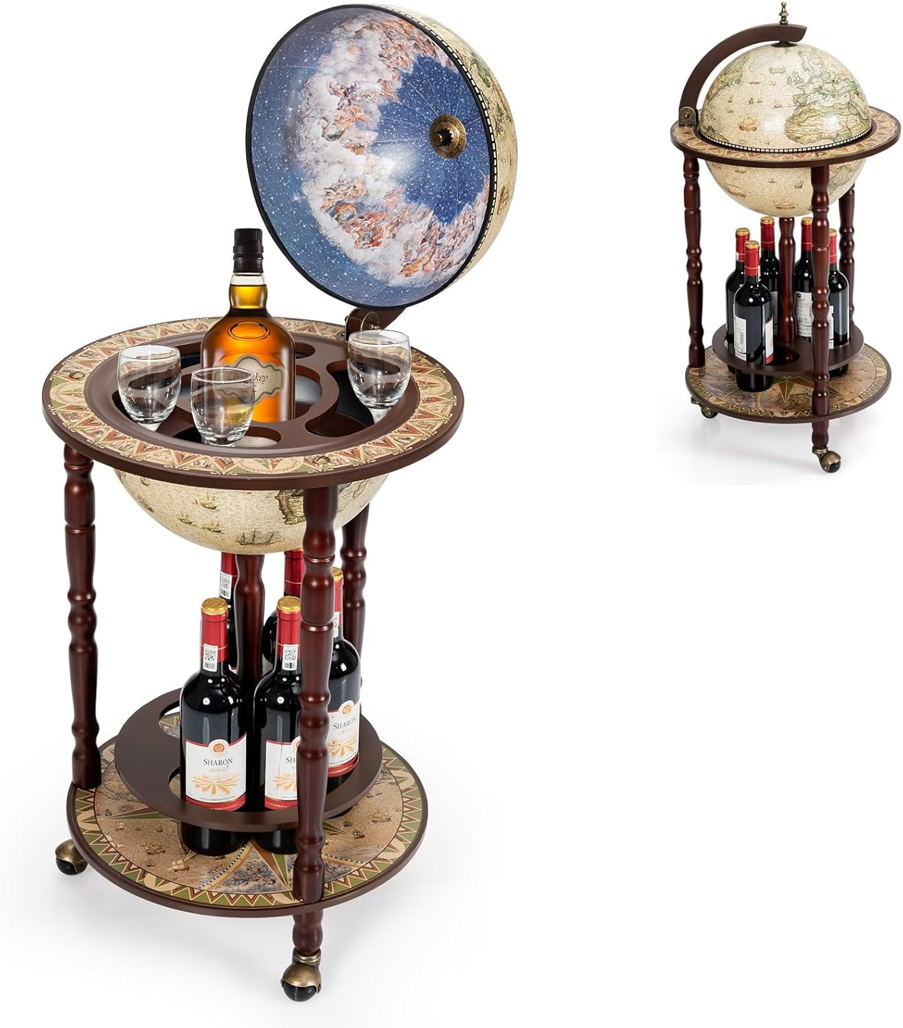 17.5’’ Wood Antique Wine Bar Stand with Wheels, Bottom Shelf & Old ...