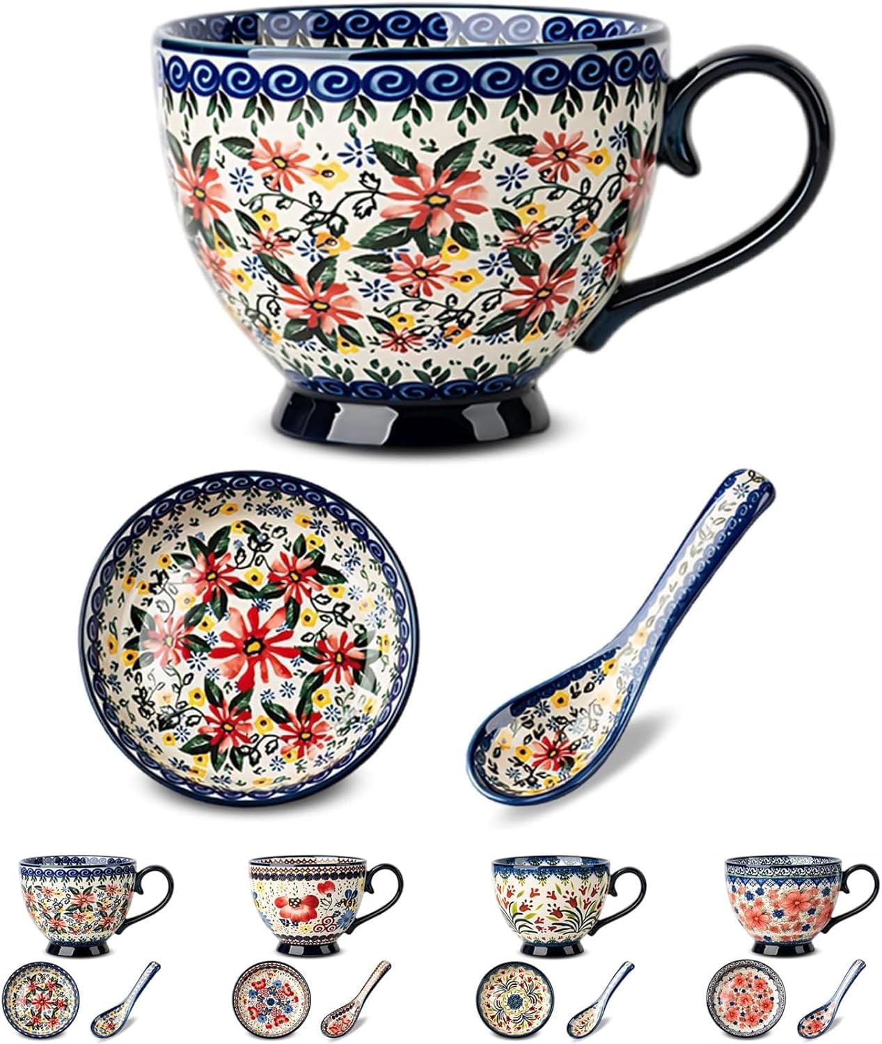 17.6oz Bohemian Ceramic Coffee Mug Set with Lid Spoon, Hand Painted ...