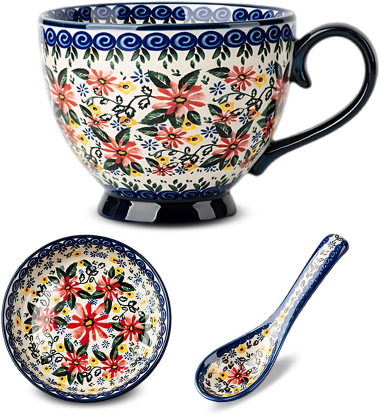 17.6oz Bohemian Ceramic Coffee Mug Set with Lid Spoon,Hand Painted ...