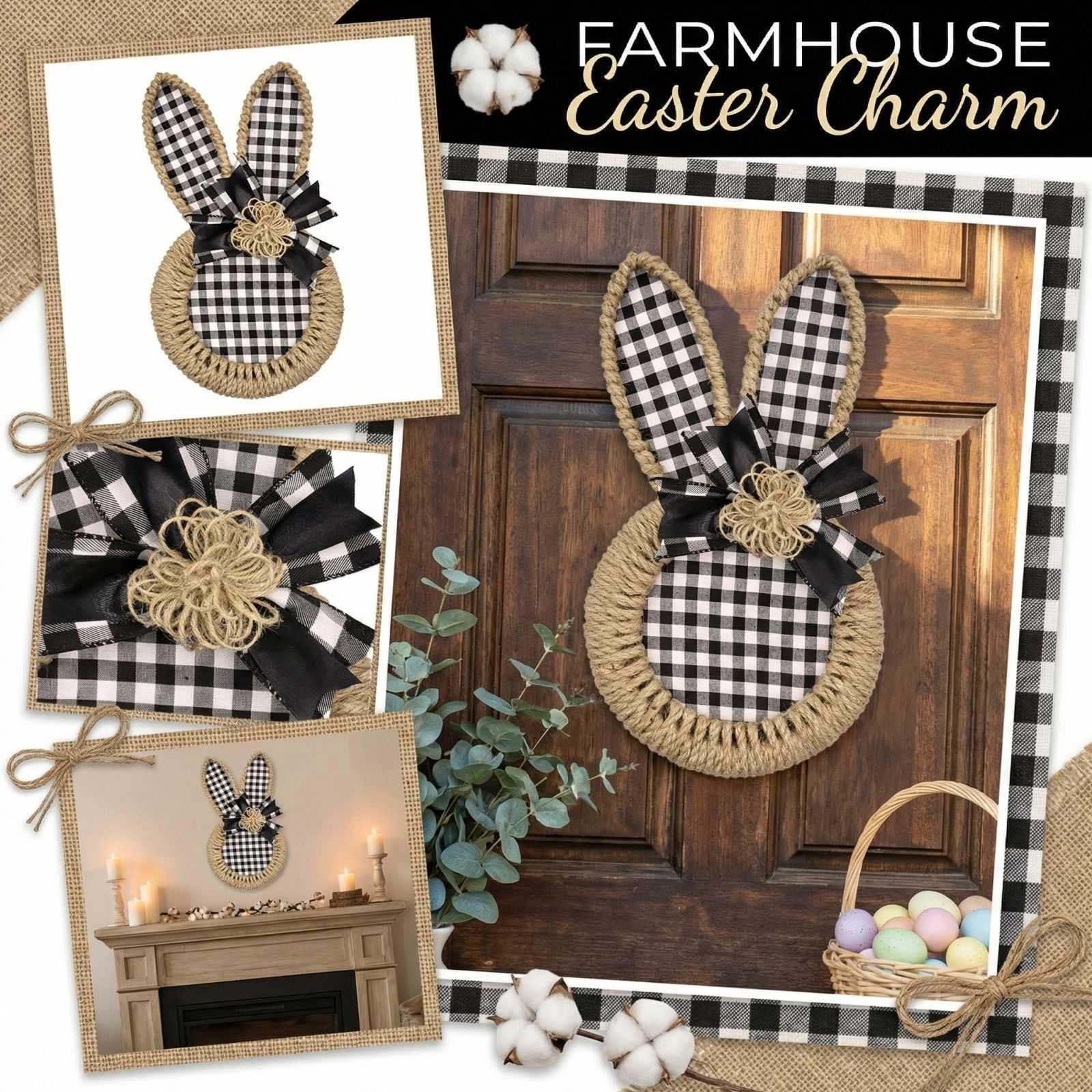 17.7" Easter Bunny Wreath with Buffalo Plaid Bow, Jute Rope Wrapped ...