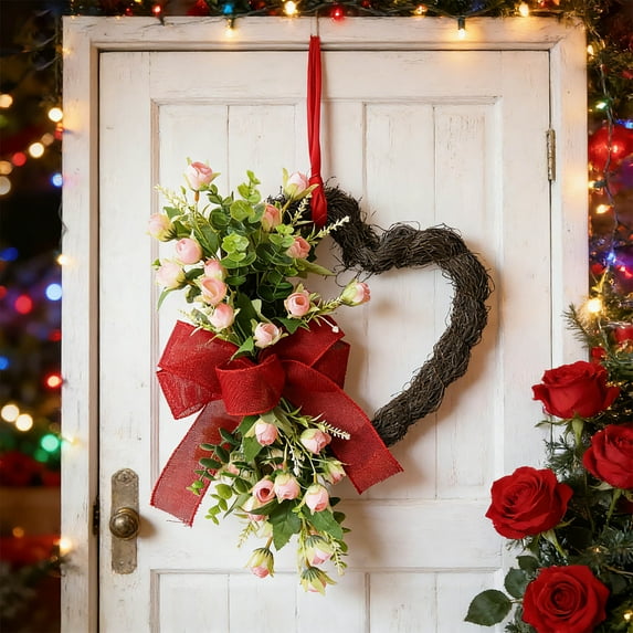 17.7 Inch Heart Shaped Bow Wreath, Valentine's Day Door Hanging ...