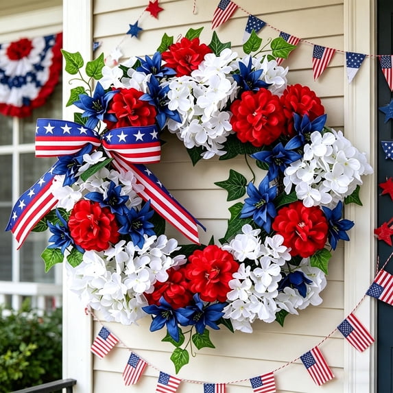 17.7 Inch Independence Day Rose Wreath with Wooden Sign, Red White Blue ...