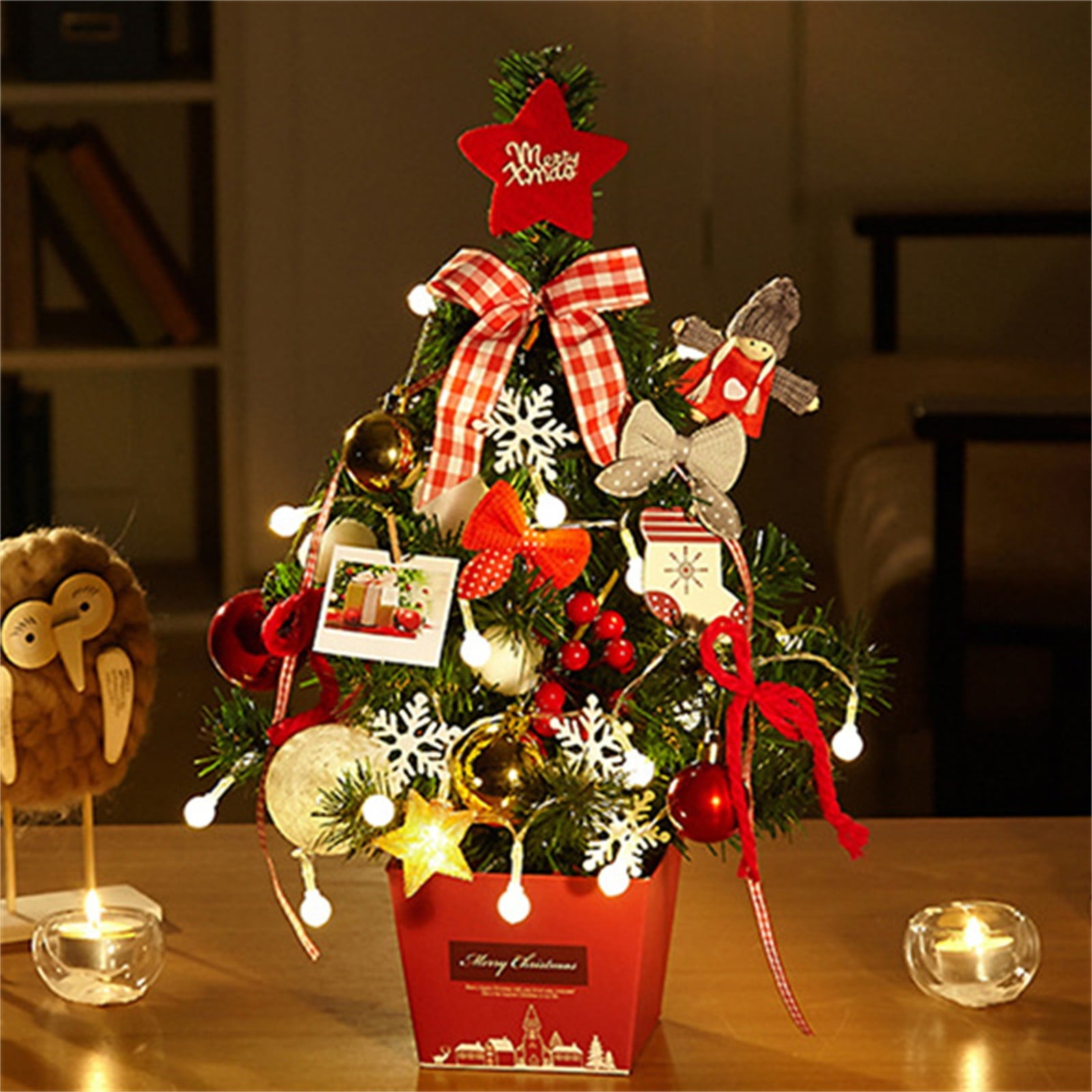 17.7 Inches Mini Tabletop Christmas Coniferous Trees With Ornaments And ...