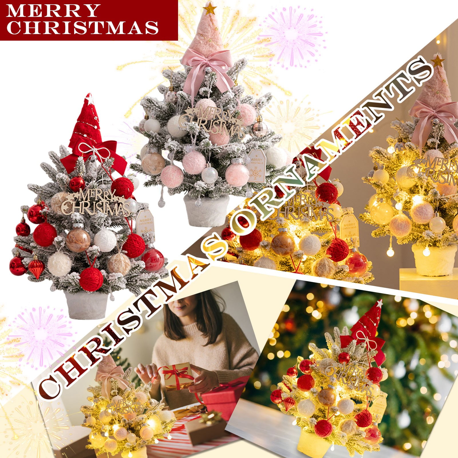17.7" Mini Tabletop Christmas Tree with Flocked Snow & Lights ...