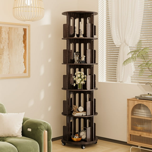 17.7'' Rotating Bookshelf Corner Bookcase, Dark Walnut 360° Spinning ...