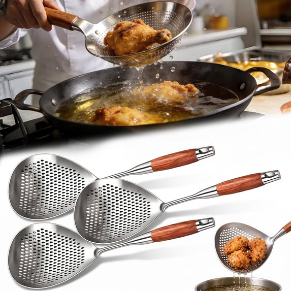 17.7″ Stainless Steel Skimmer with Heat‑Shield Pear Wood Handle – Rapid ...