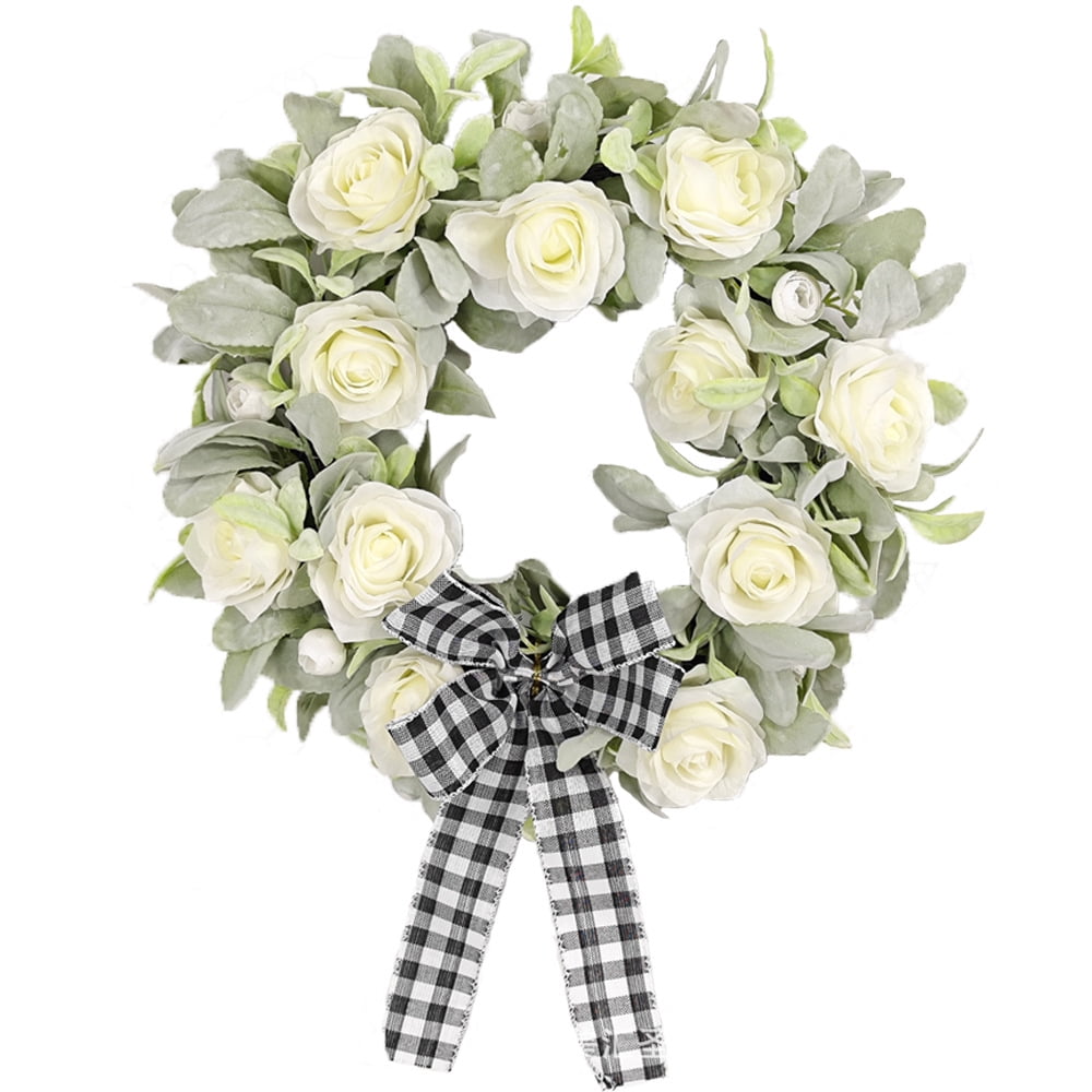 17.7 inch Artificial Rose Wreath for Front Door Bow White Hydrangea ...