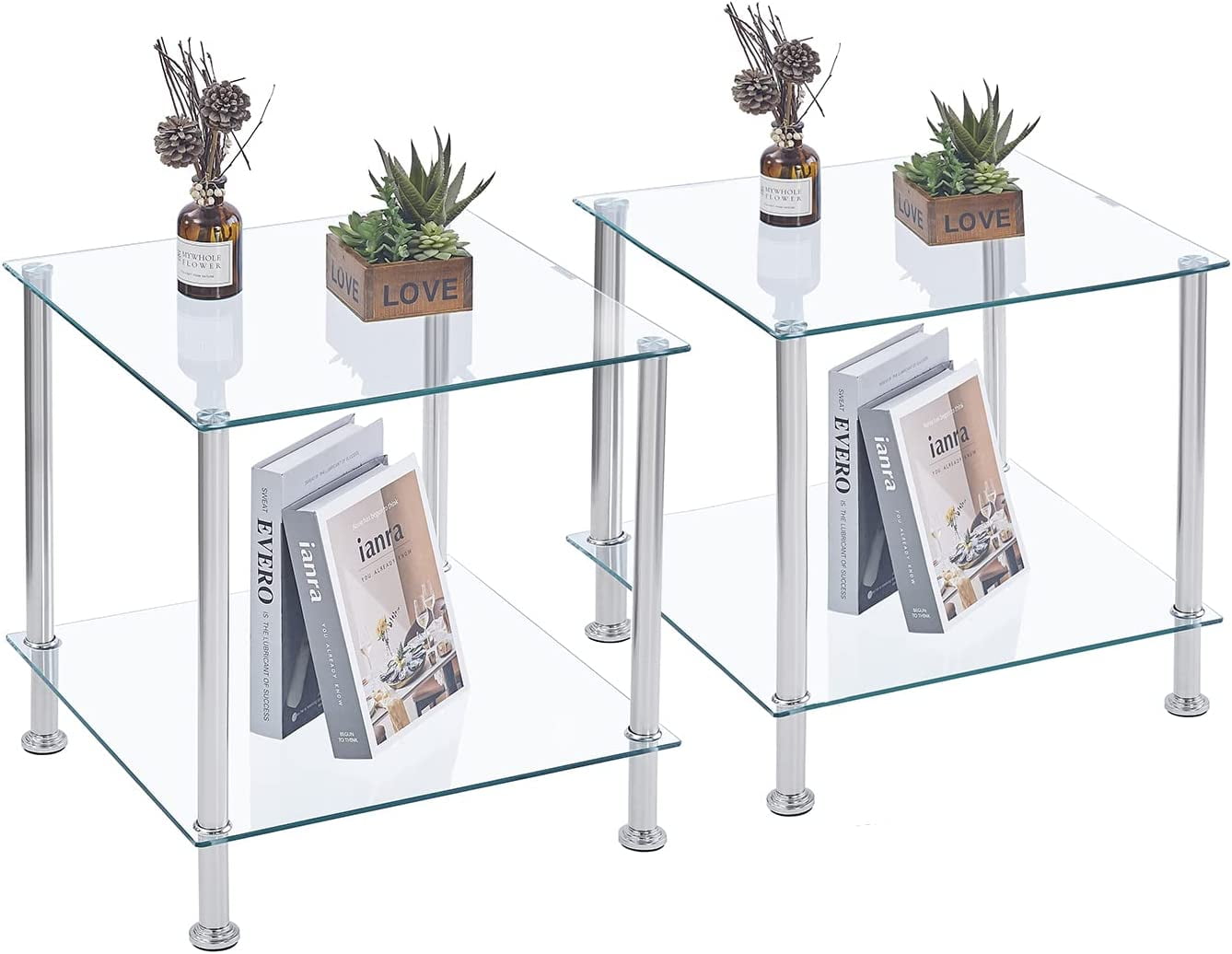 17.72“ Square Glass End Table Set of 2 Living Room Sofa Side Table with Silver Metal Legs ...