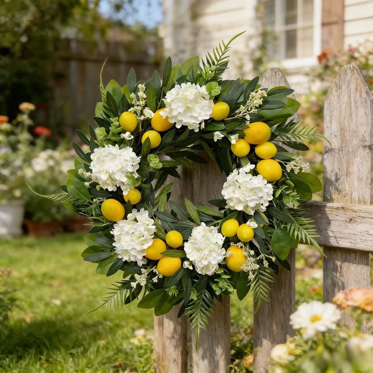 17.72inch Lemon Hydrangea Floral Wreath, Vibrant Summer Flower Garland ...