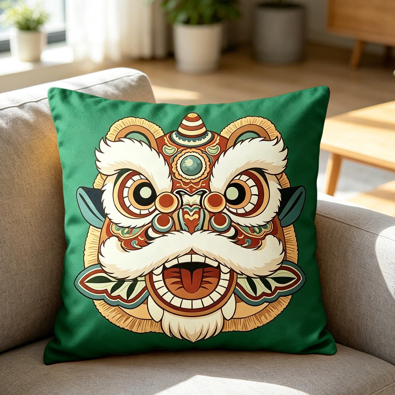 17.7In Traditional Lion Dance Throw Pillow Cover Smiling Face Flock ...