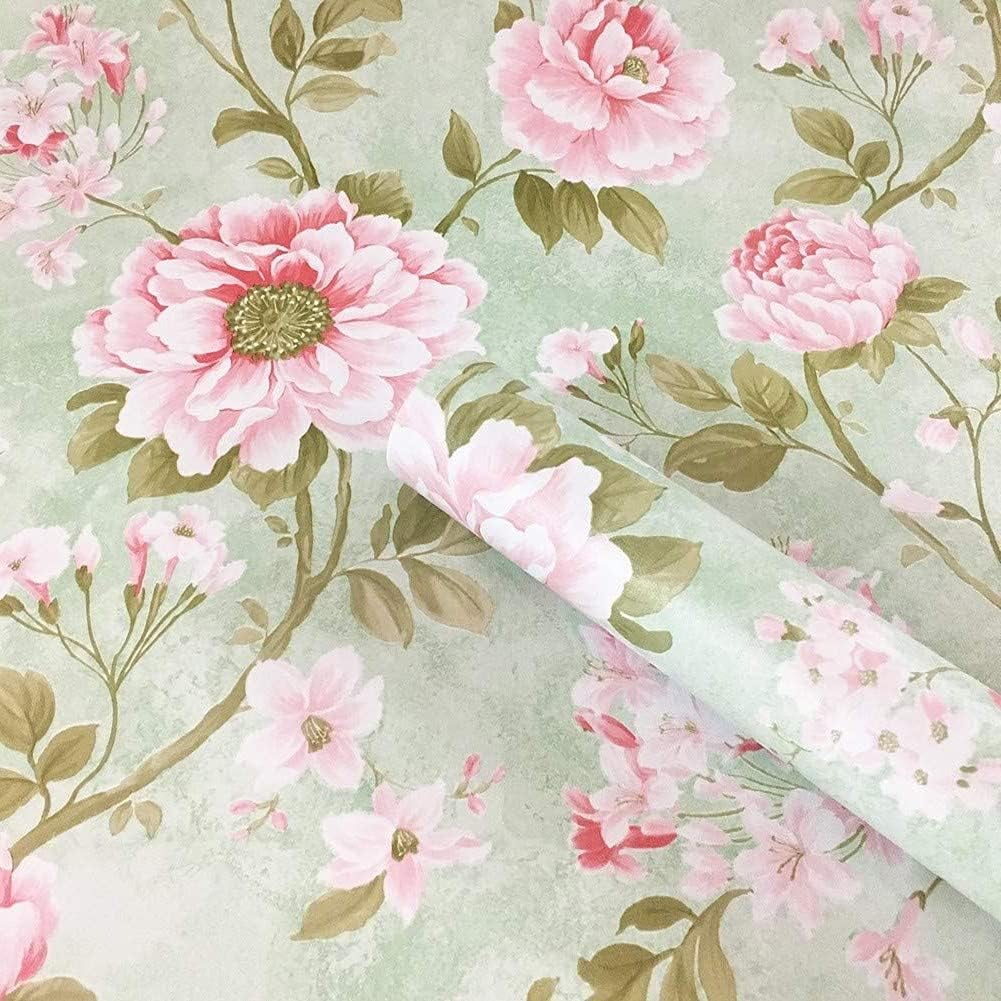 17.7inch By 118inch Peel Stick Green Floral Wallpaper Shelf Drawer ...