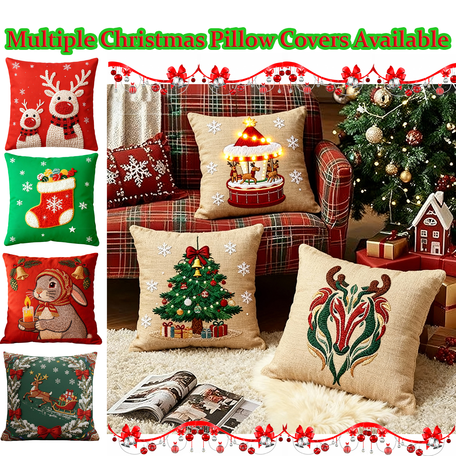 17.7x17.7 in Christmas Festive Winter Linen Pillow Covers with Cute ...