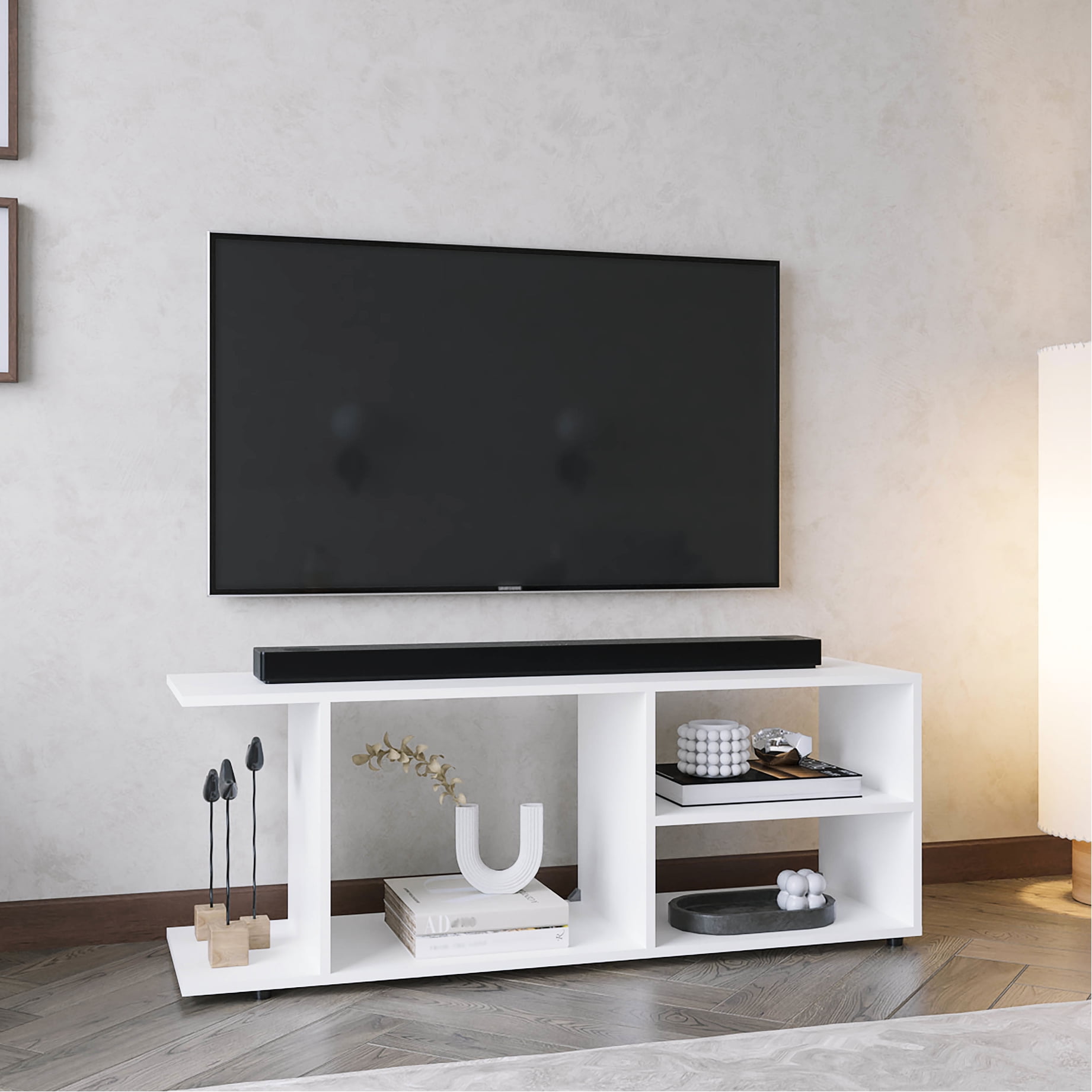 17.8" High White Entertainment Center With 4 Shelves And Legs ...