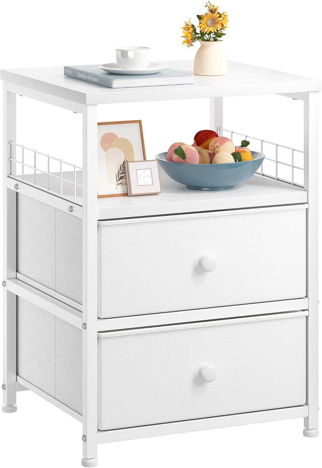 17.8"W Nightstand, Night Stand with Fabric Drawers and Open Wood Shelf ...