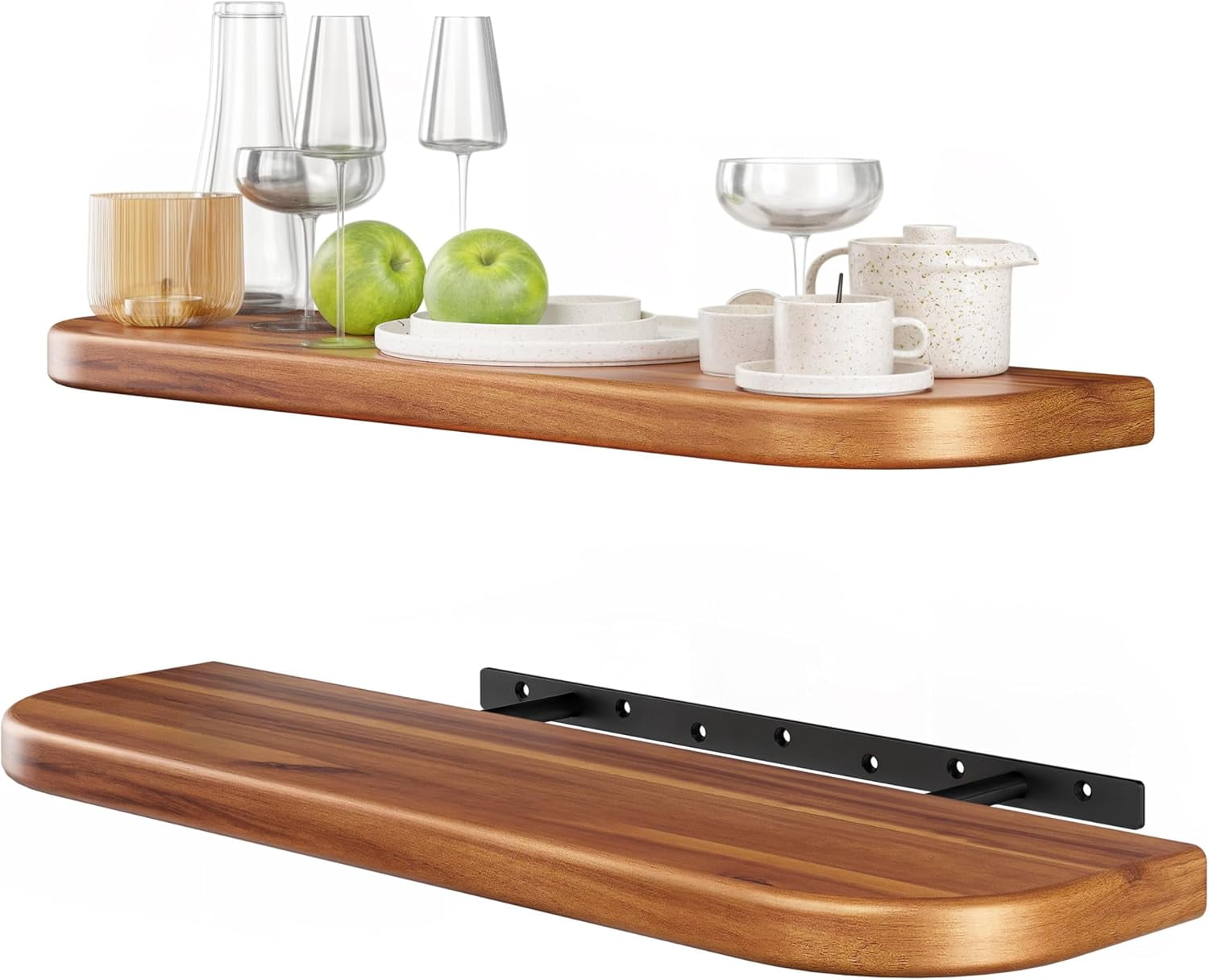 17" Acacia Wood Floating Shelves Wall Mounted (Round Edge) – Rustic ...