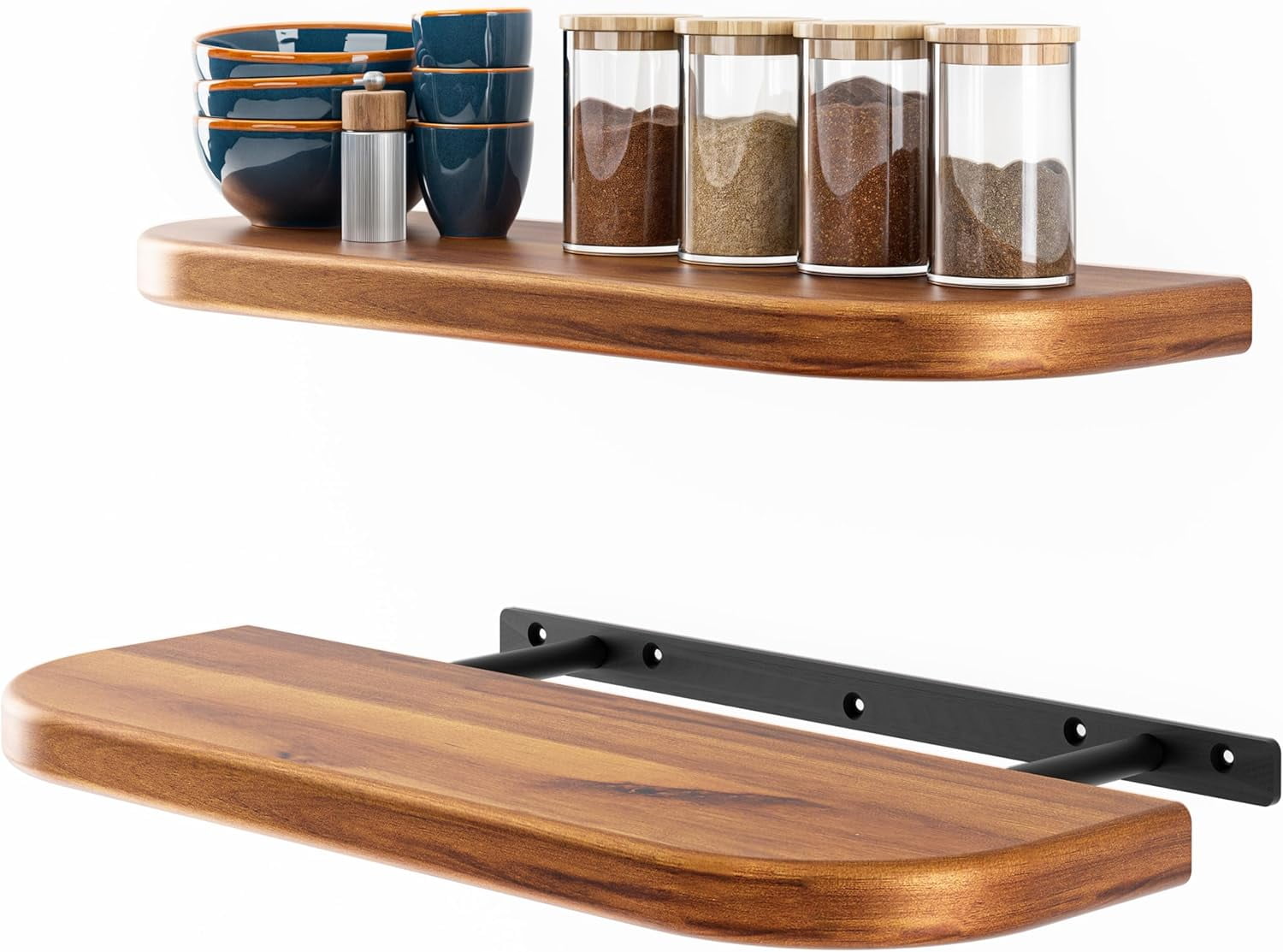17" Acacia Wood Floating Shelves Wall Mounted (Round Edge) – Rustic ...