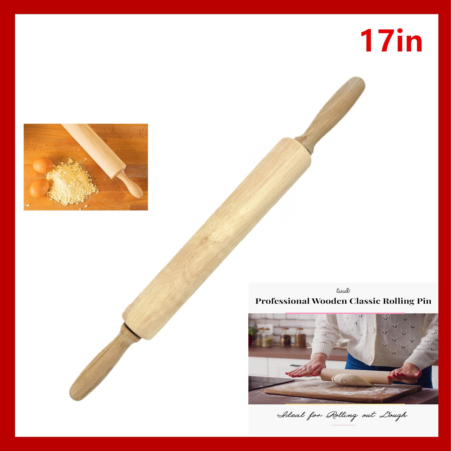17'' Classic Rolling Pin for Kitchen, Baking, Pastry, Pizza, Long Beech Wood Dough Roller ...
