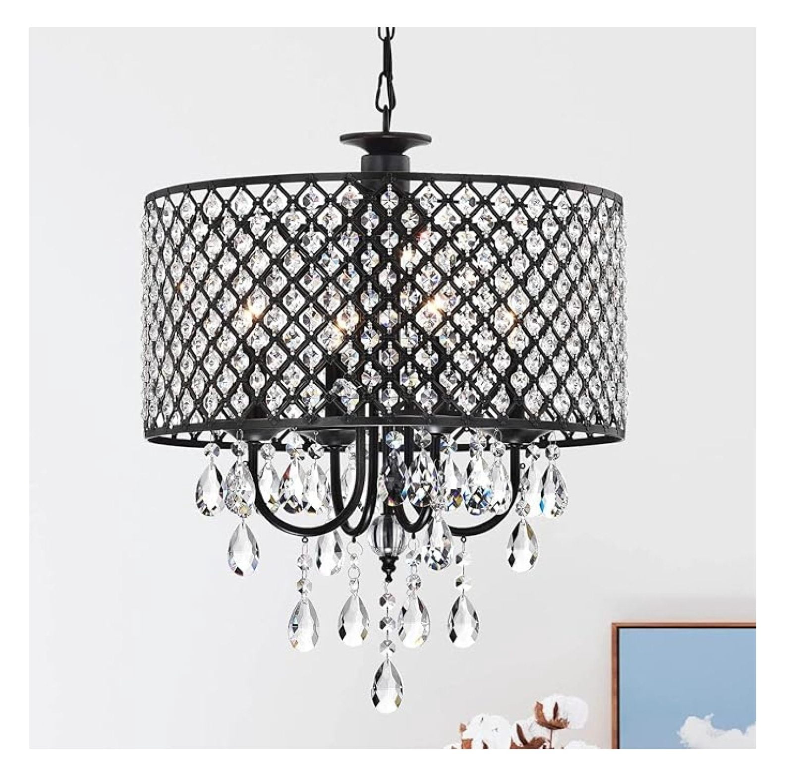 17" Crystal Chandeliers, 4 Lights Antique Black Drum Lighting Fixture ...