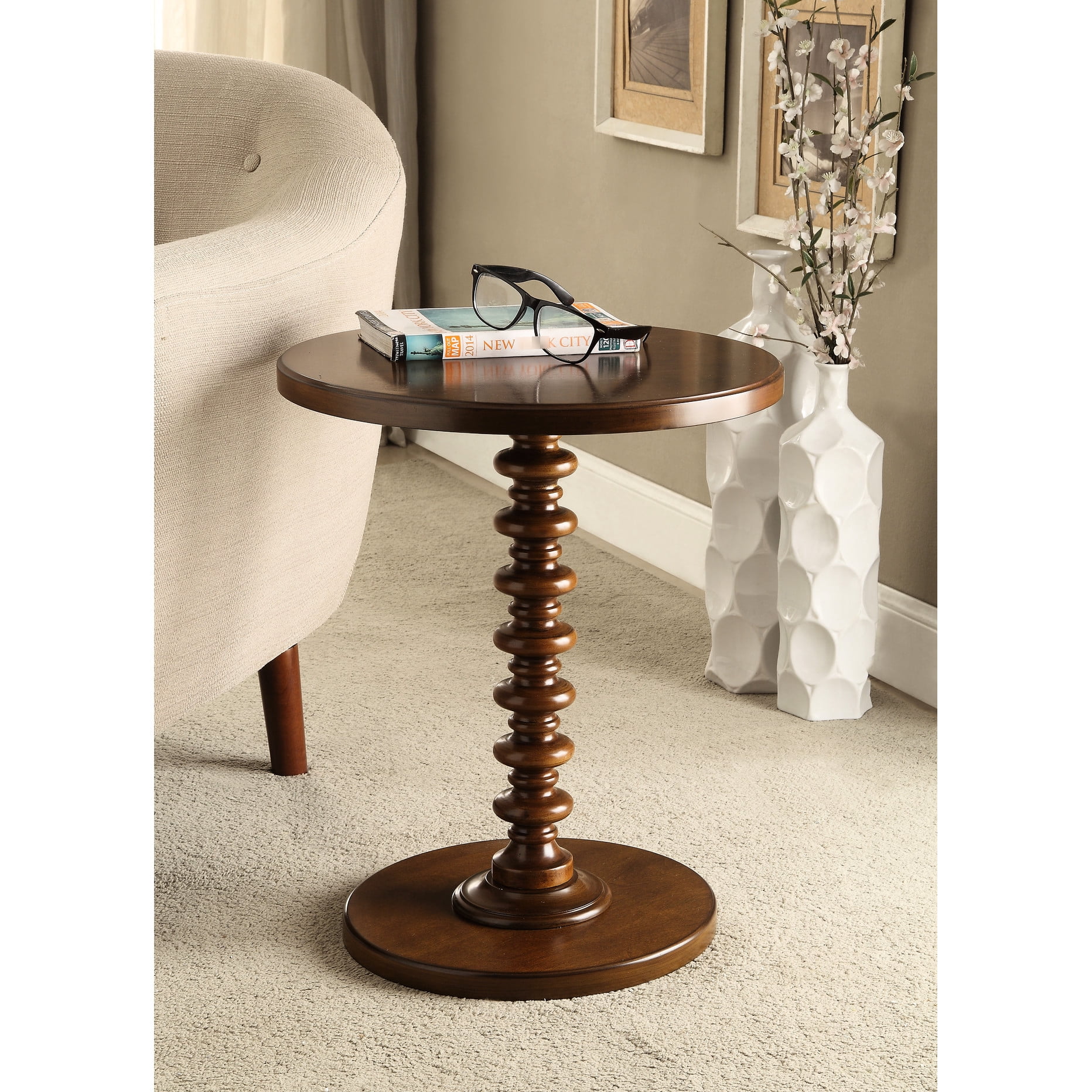 17" Deep Walnut Finish Pedestal Accent Table, Round, Transitional Round ...