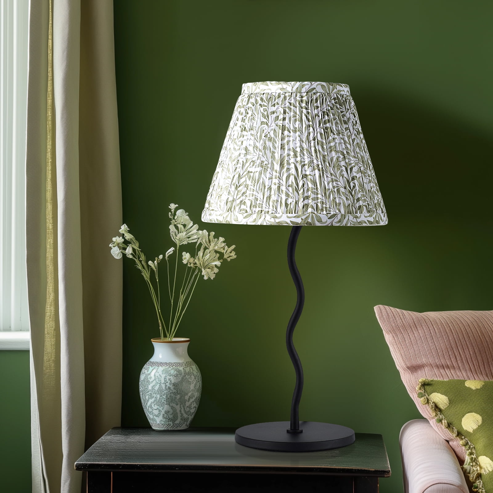 17" Floral Table Lamp, Green Ditsy Shade, Cottagecore Nightstand Lamp ...