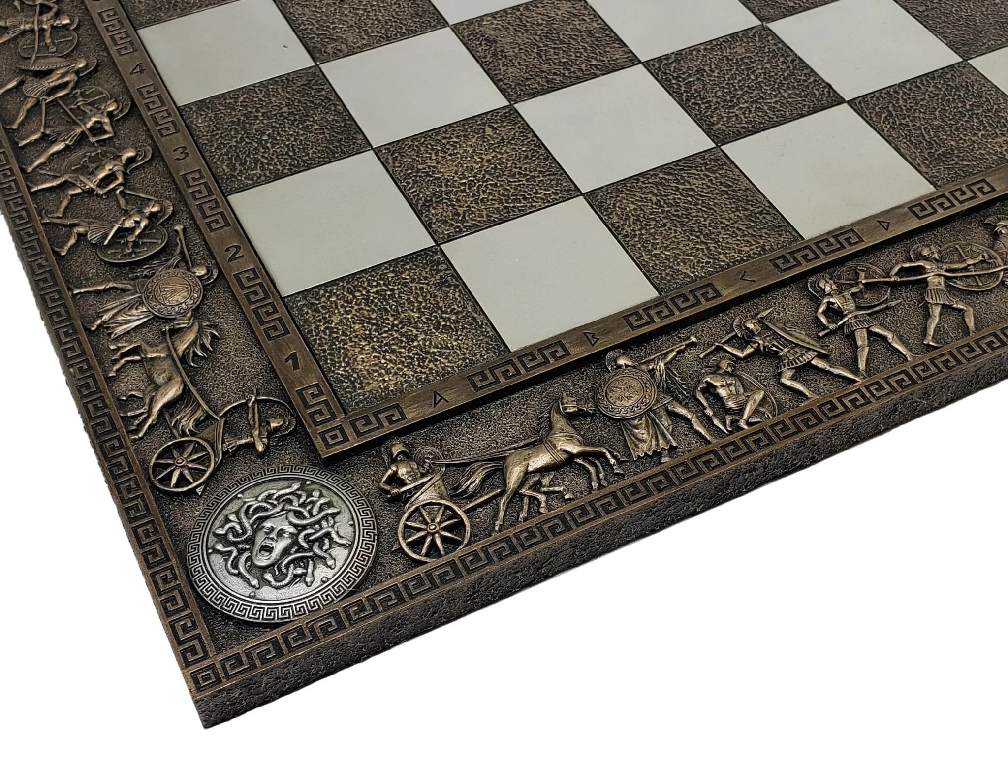 17" Greek Mythology Chess Board 1 5/8 inch Square Bronze and Pewter ...