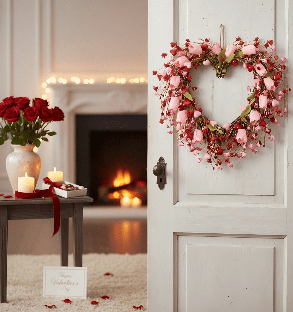 17" Heart-Shaped Floral Wreath - Pink & Red Tulip Romantic Valentine’s ...