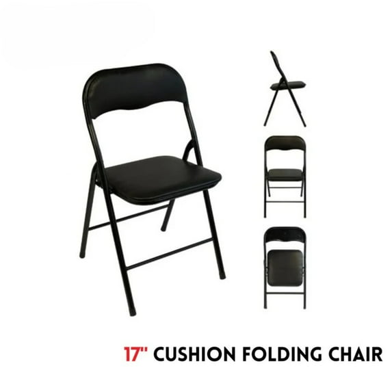 17-Inch Black Padded Folding Chair, Portable Metal Frame Cushion Seat ...