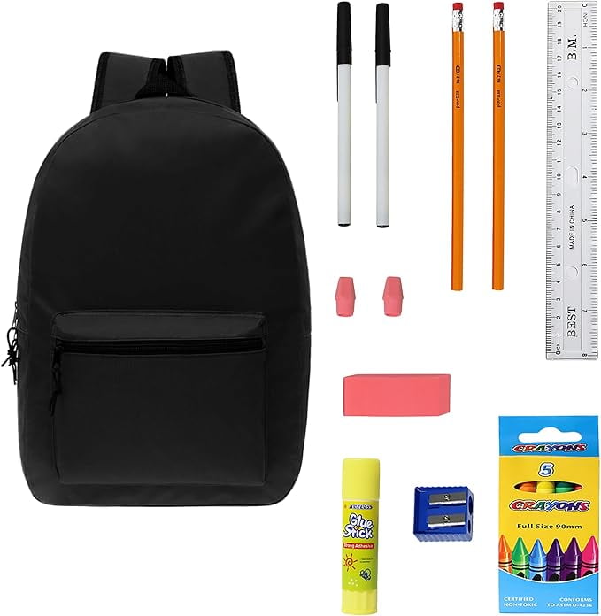 17 Inch Bulk Backpacks with 16 Piece School Supplies Kit - Pens ...