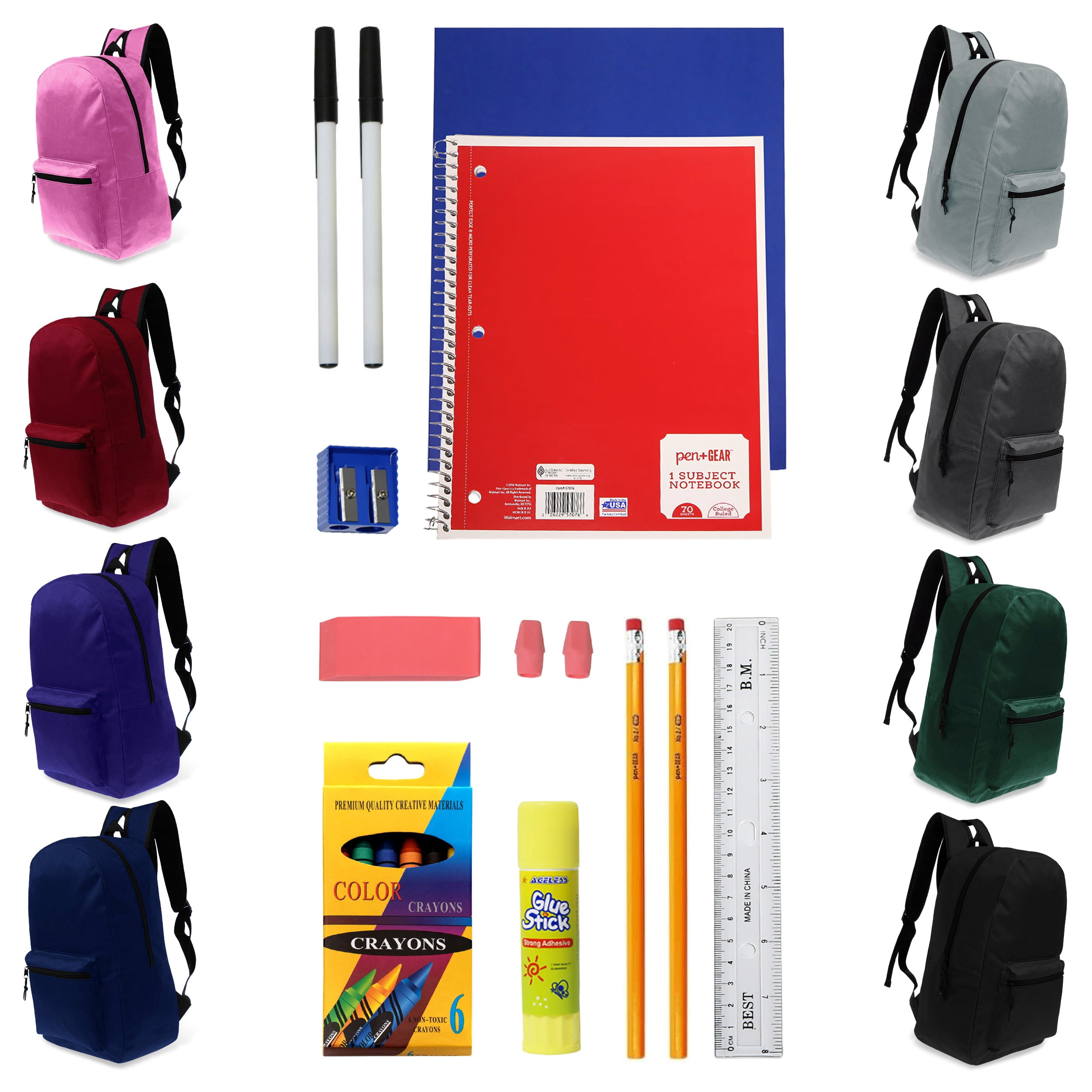 17 Inch Bulk Backpacks with 18 Piece School Supplies Kit, Pens, Pencils ...
