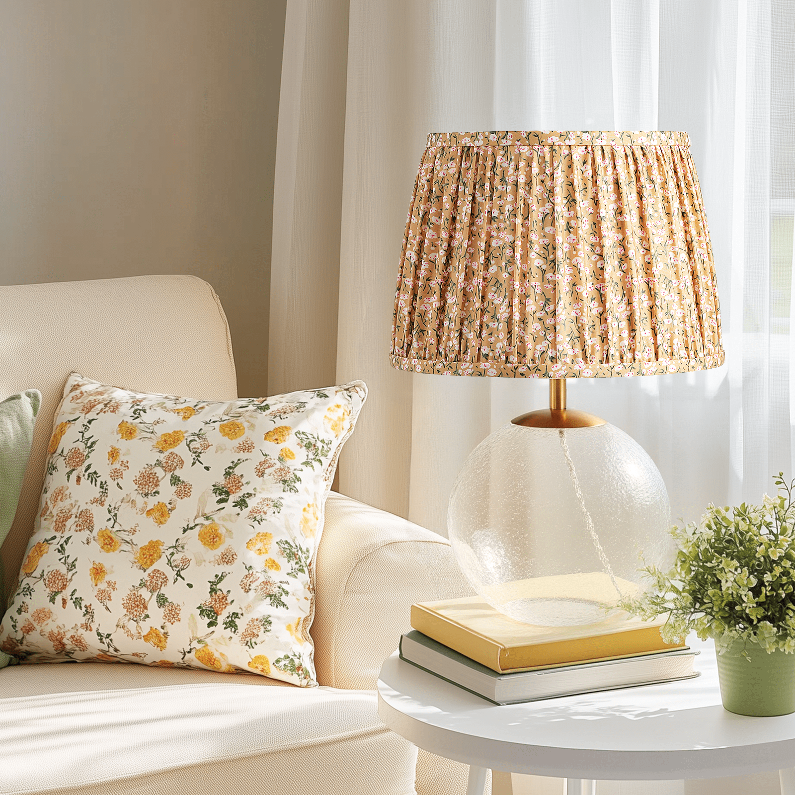 17 Inch Clear Glass Table Lamp With Ditsy Yellow Floral Shade - Elegant ...