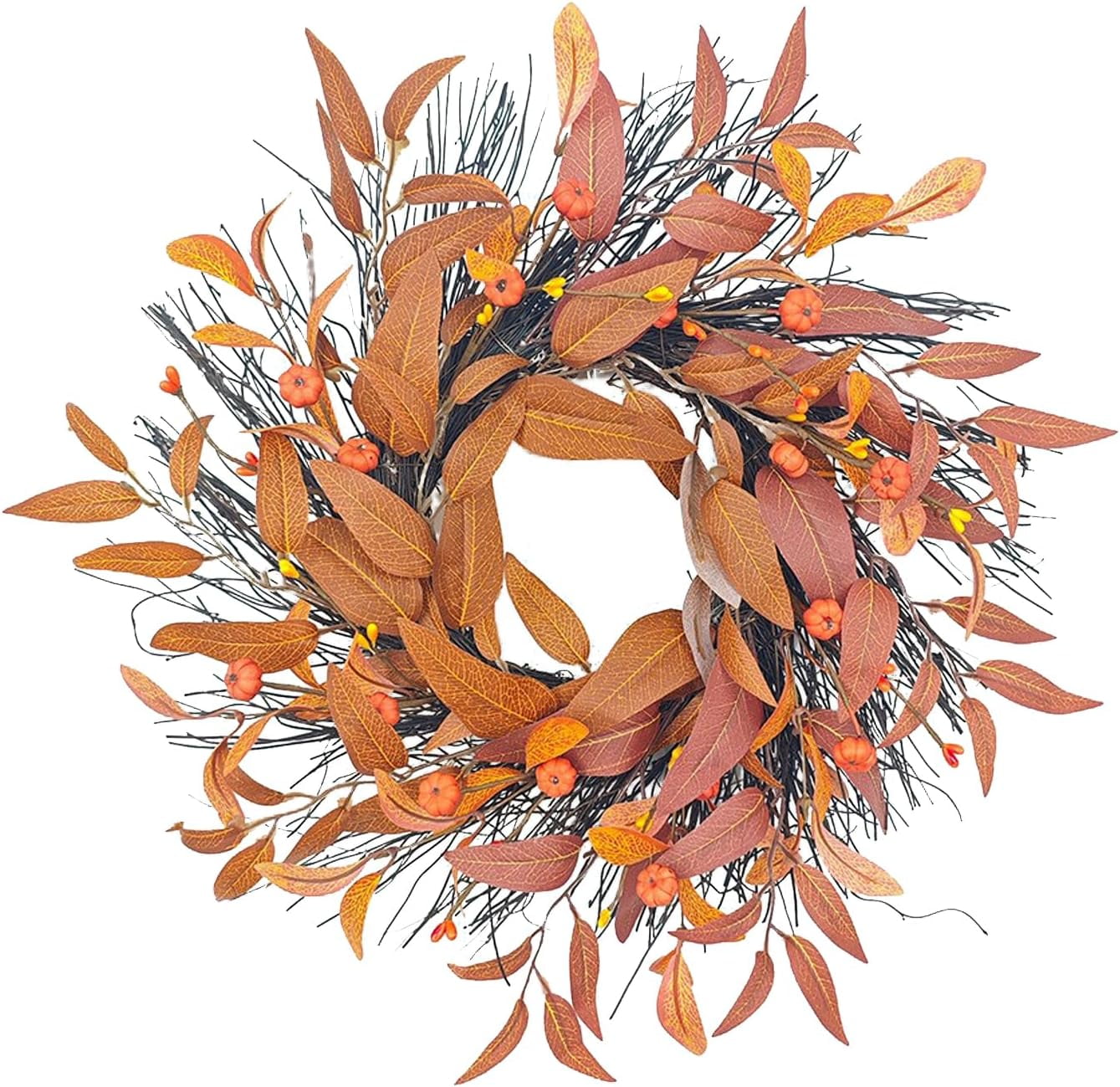 17 Inch Fall Wreath for Front Door, Artificial Mini Pumpkins Wreath ...