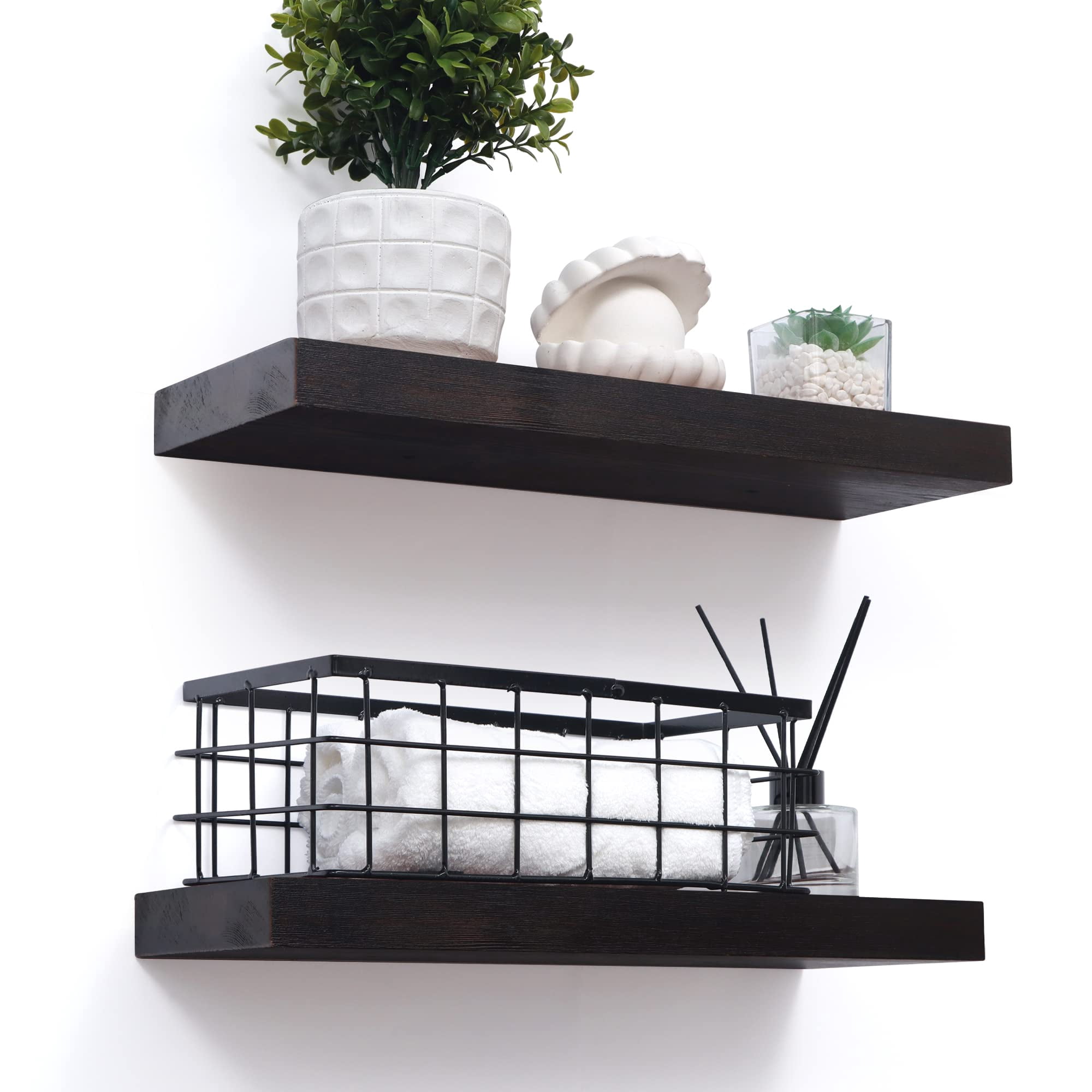 17 Inch Solid Pine Wood Floating Shelves Set of 2, Rustic Wooden Wall ...