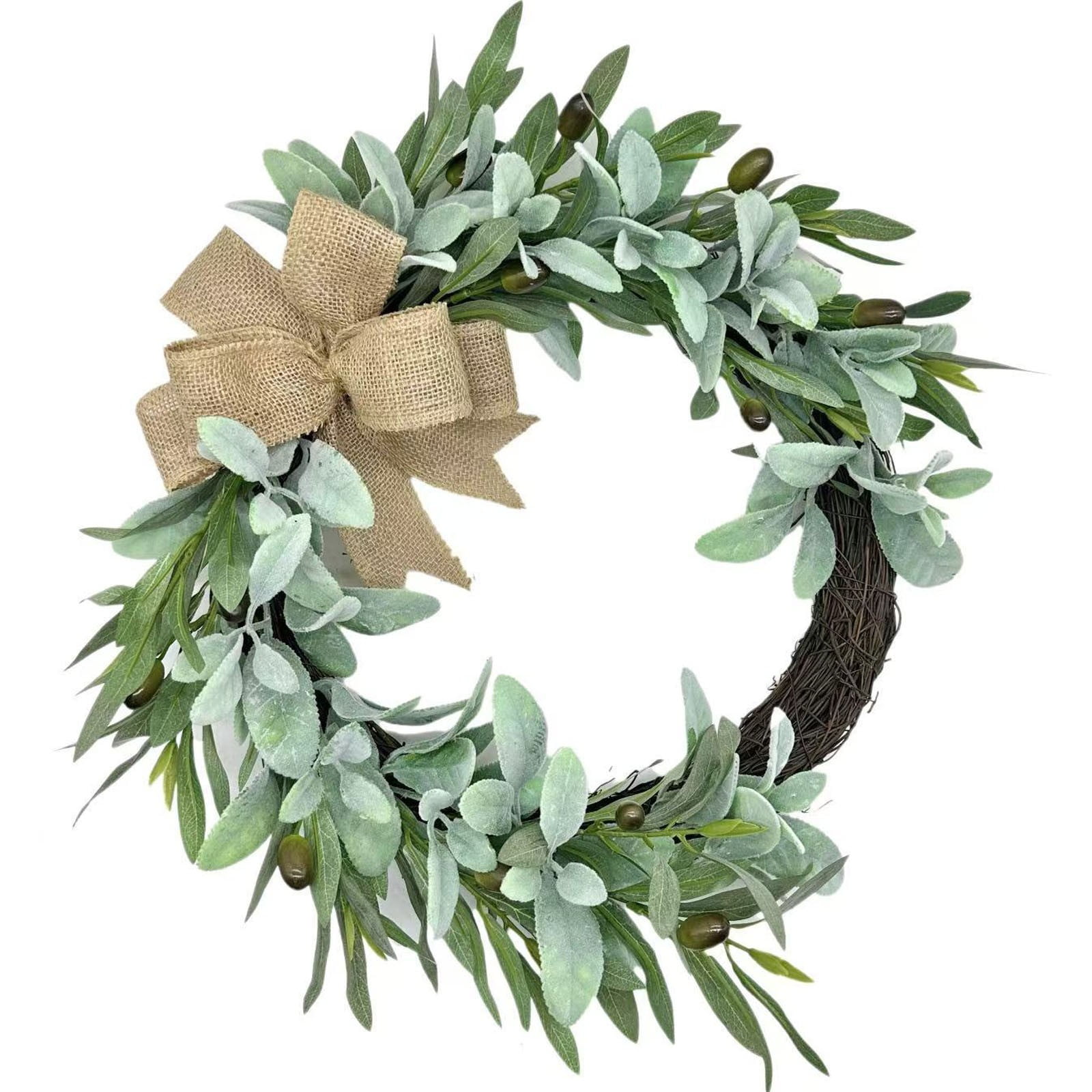 17 Inch Spring Lamb Ear Wreath for Front Door with Green Leaves, Year ...