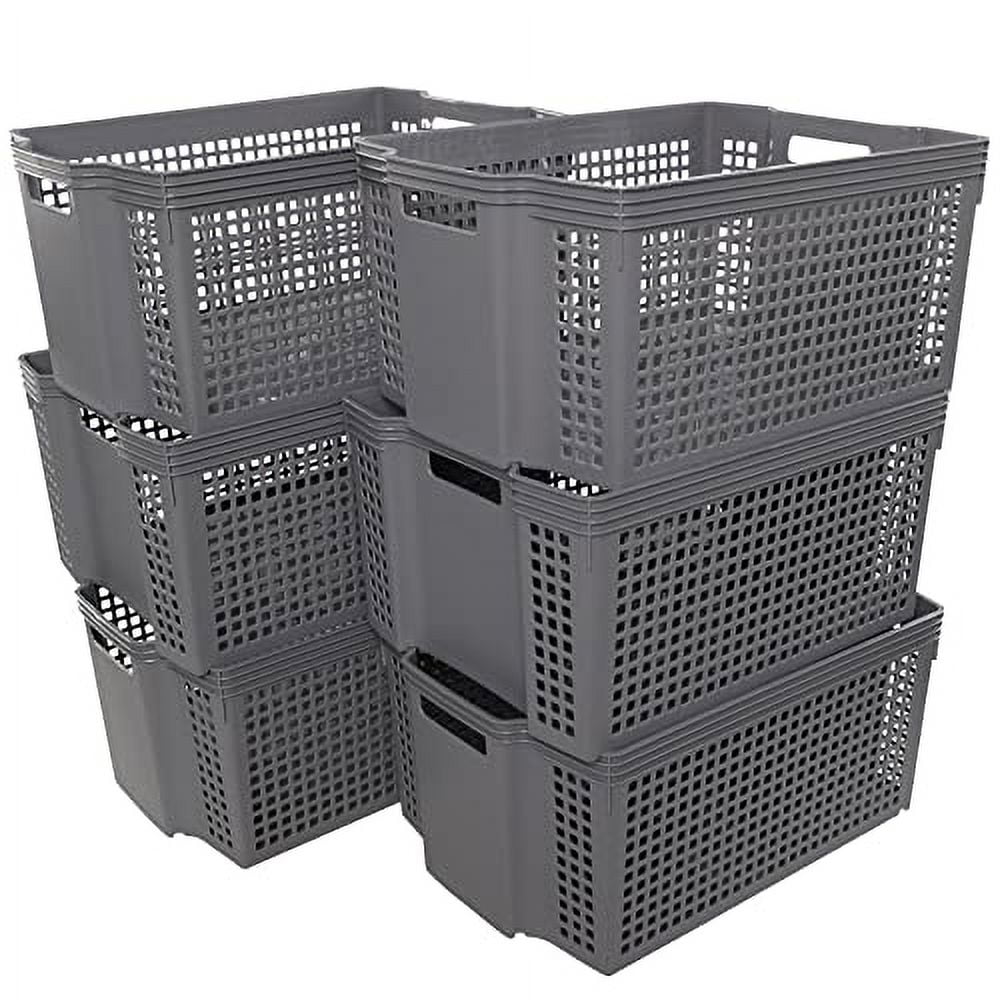 17 L Plastic Stacking Storage Baskets, Grey Stackable Storage Bin, 6 ...