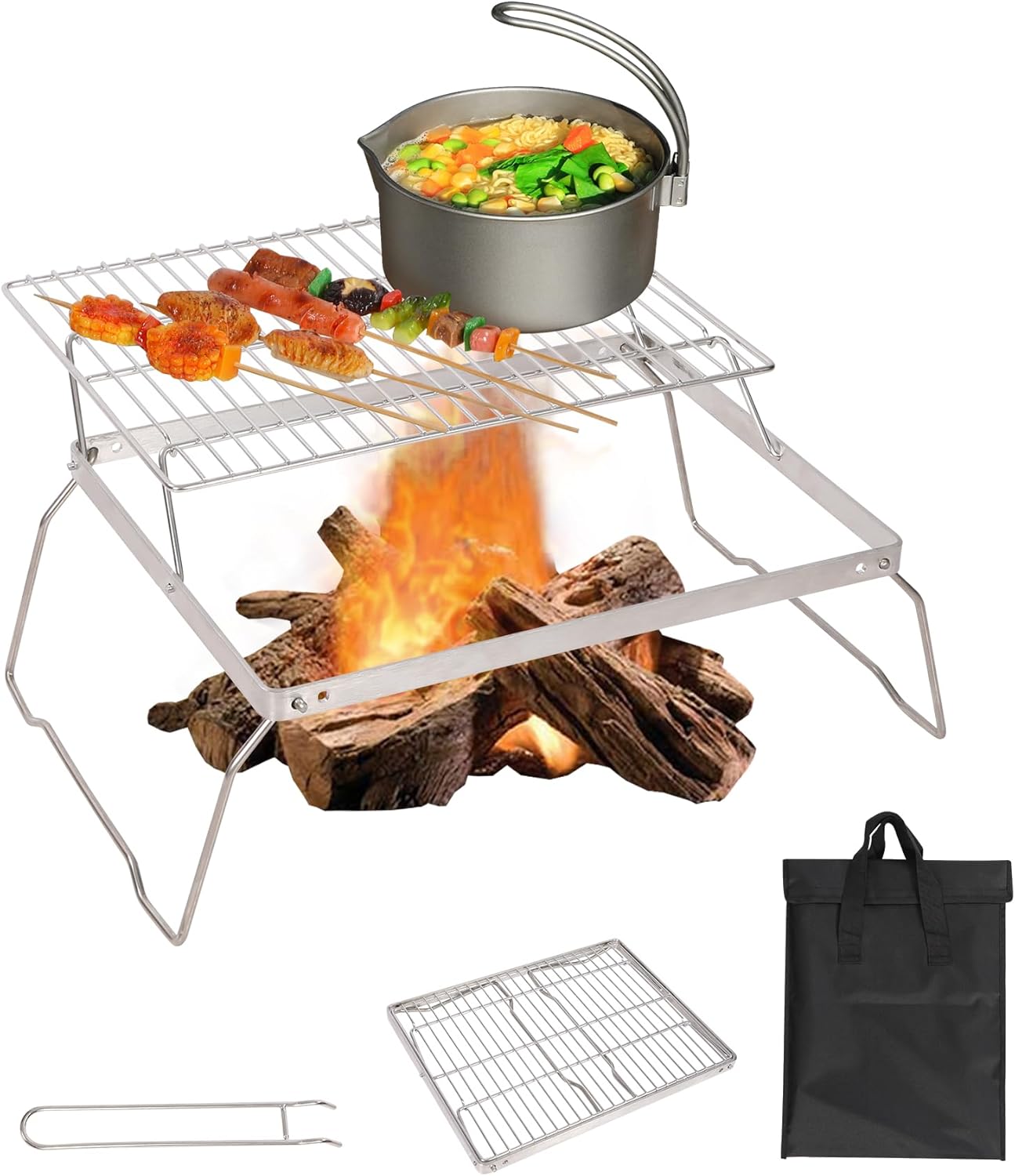 17" Large Folding Campfire Grill Stainless Steel Grate, 2 Heights ...