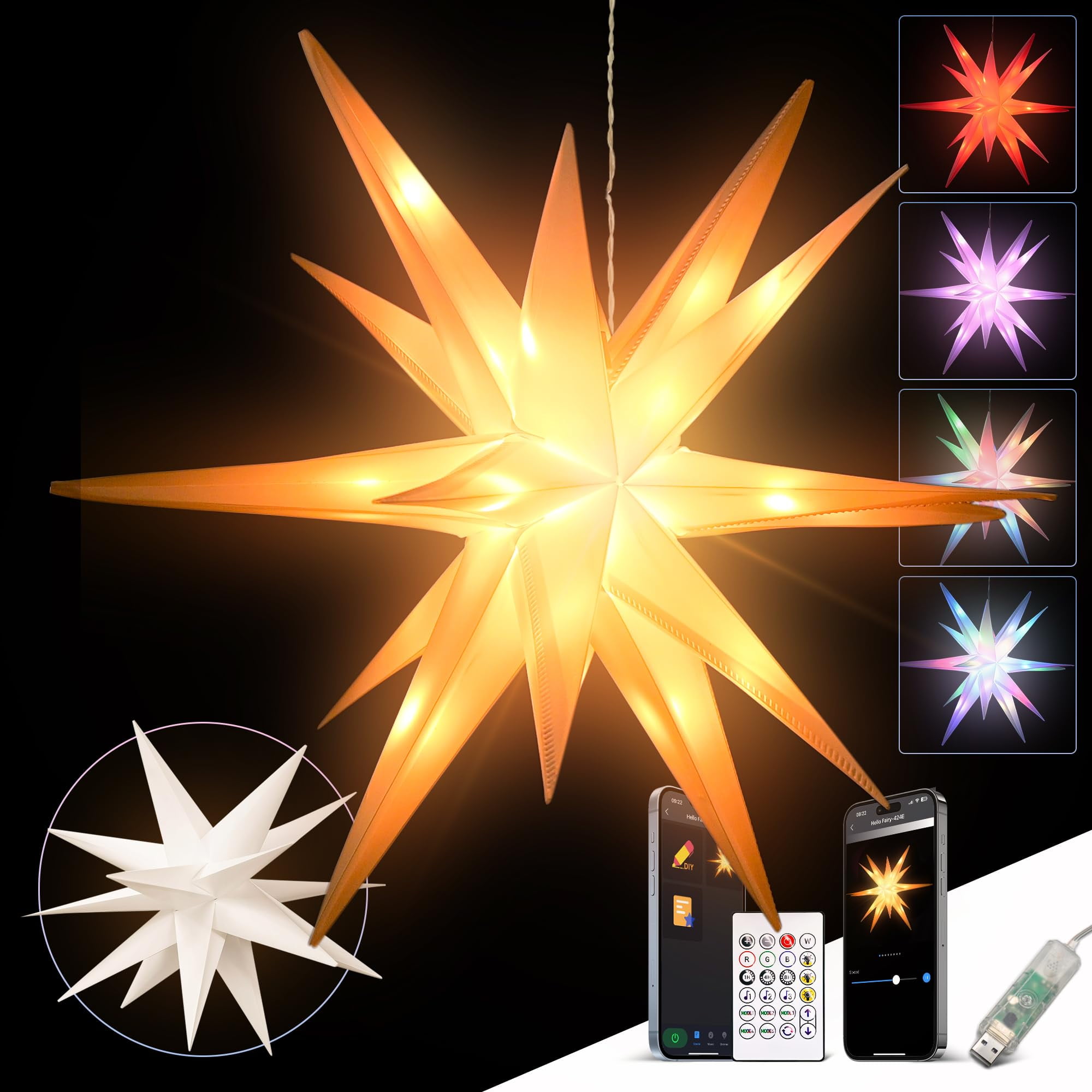17” Lighted Moravian Star - Foldable Christmas Topper Star with USB-A ...