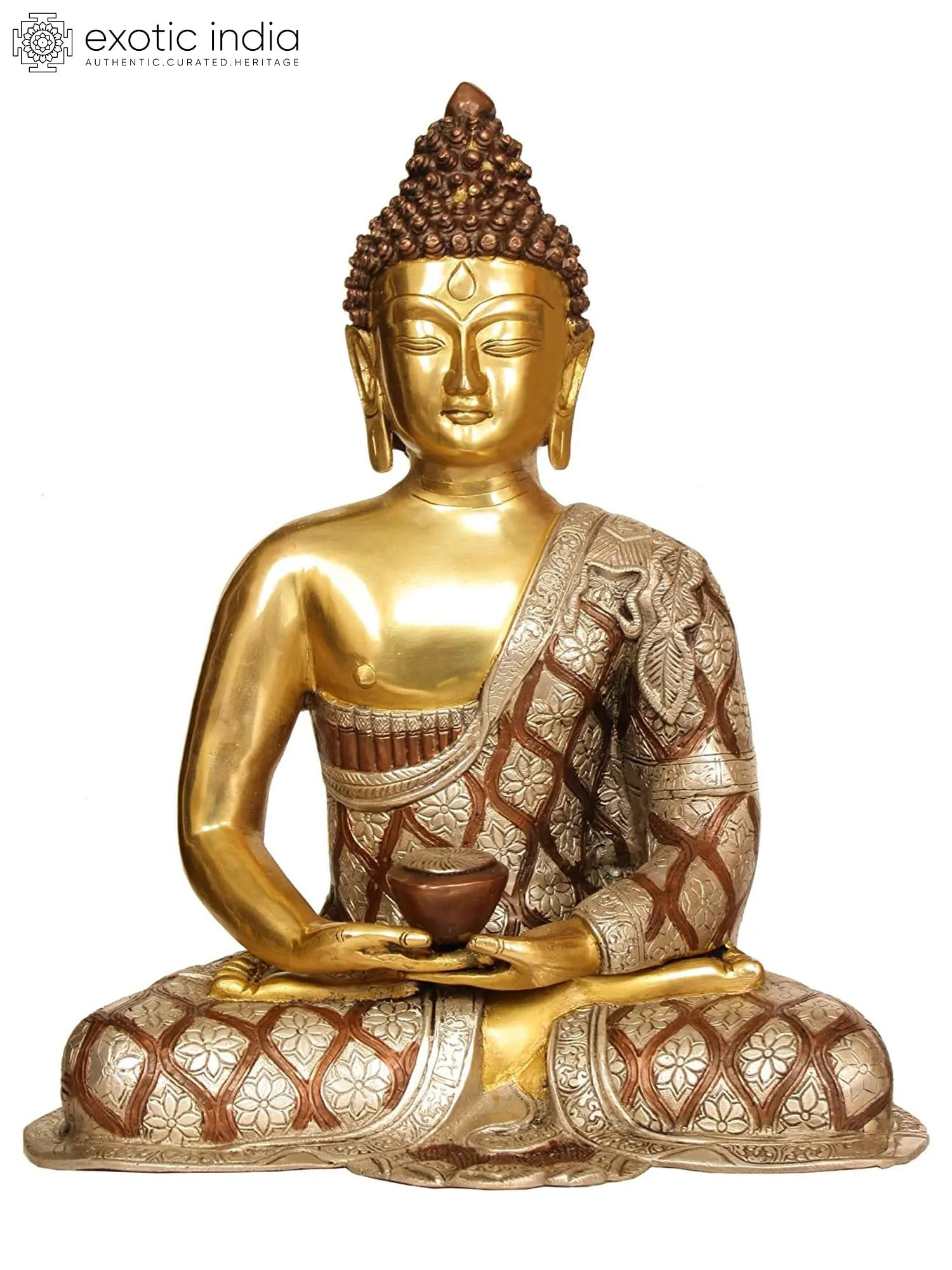 17" Lord Buddha in Dhyana Mudra (Robes Decorated with Lotus Flowers ...