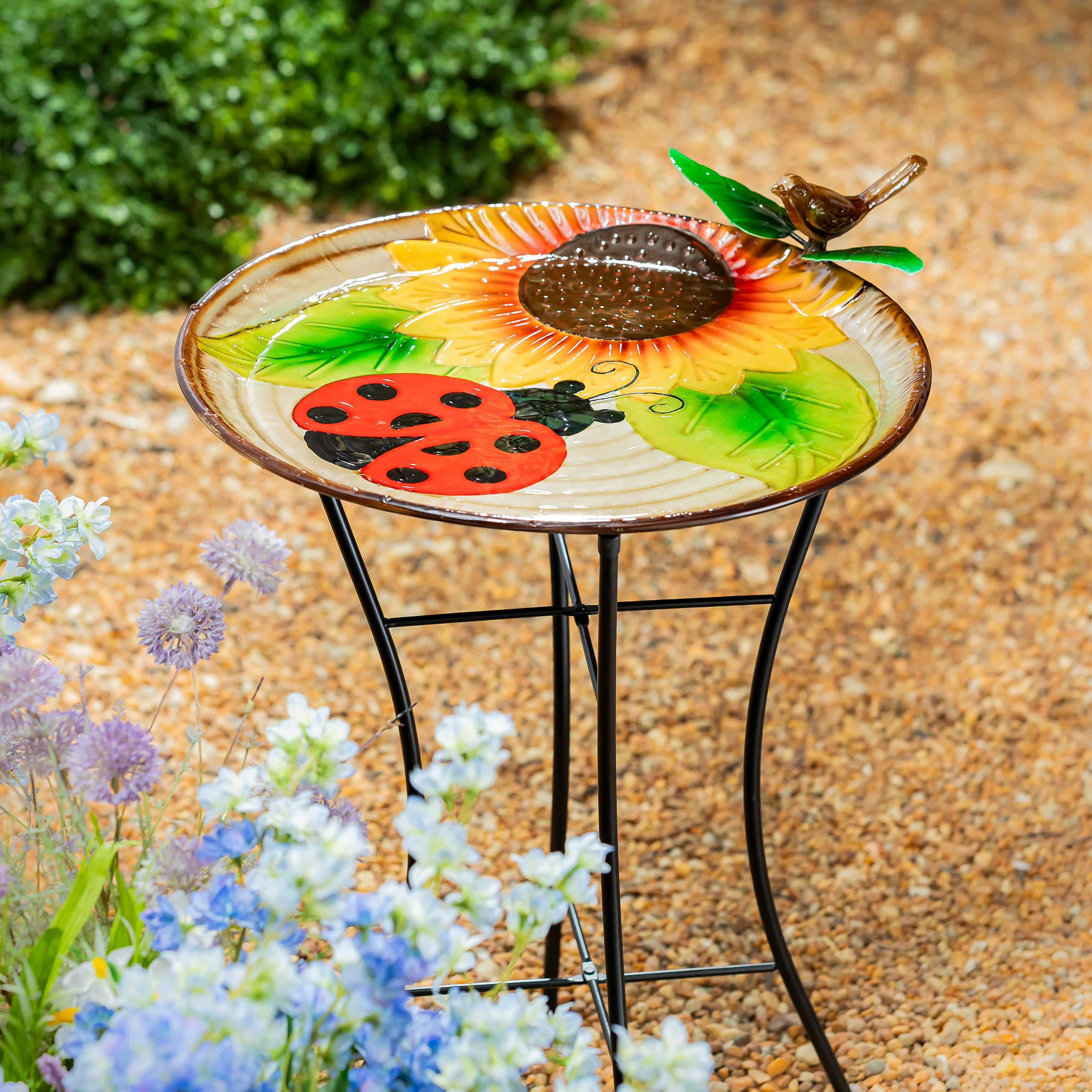 17" Metal Bird Bath, Ladybug & Sunflower - Walmart.com