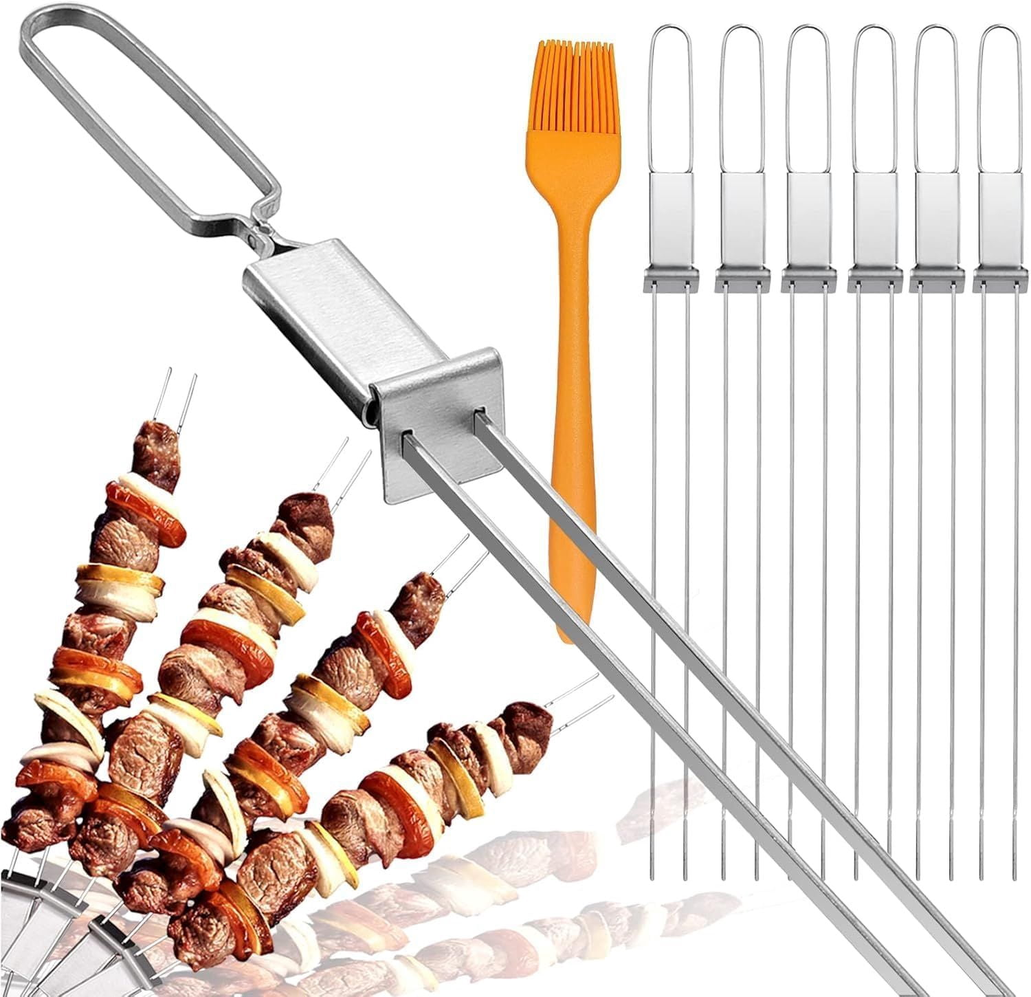 17" Metal Kabob Skewers with Push Bar, Double Pronged Anti-Roll Flat ...