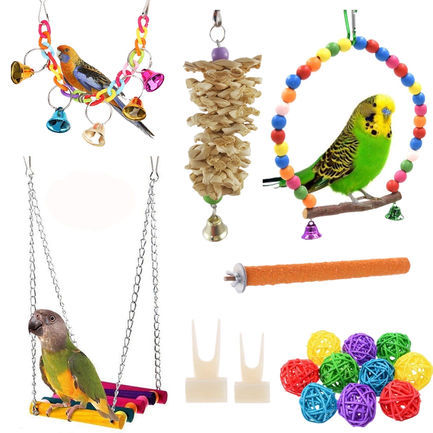 QALLPESD 17 Pack Bird Swing Chewing Toys, Wooden and Steel Cage Toys ...