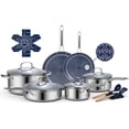 17 Pcs Nonstick Tri-Ply Stainless Steel Cookware Set, Navy Blue Hybrid ...