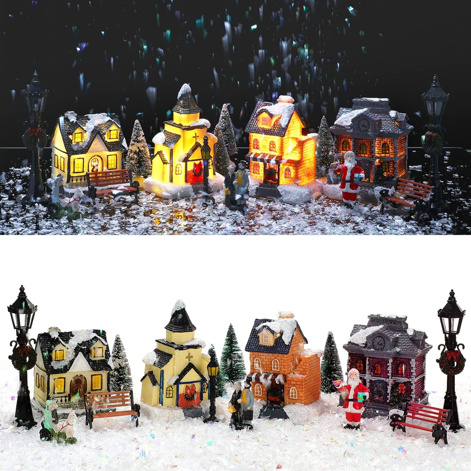 17 Pcs Resin Lighted Christmas Village Houses with Figurines Town Set ...